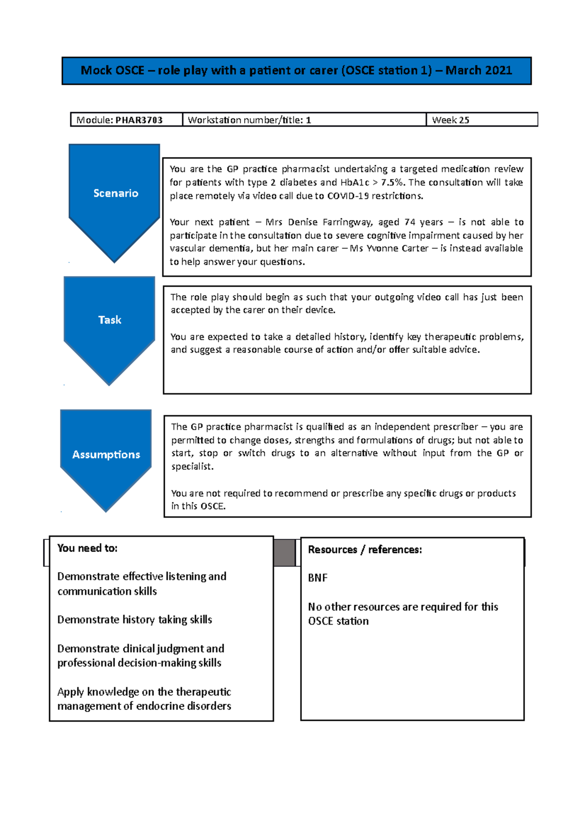 Mock OSCE 1 role play - Module: PHAR3703 Workstation number/title: 1 ...