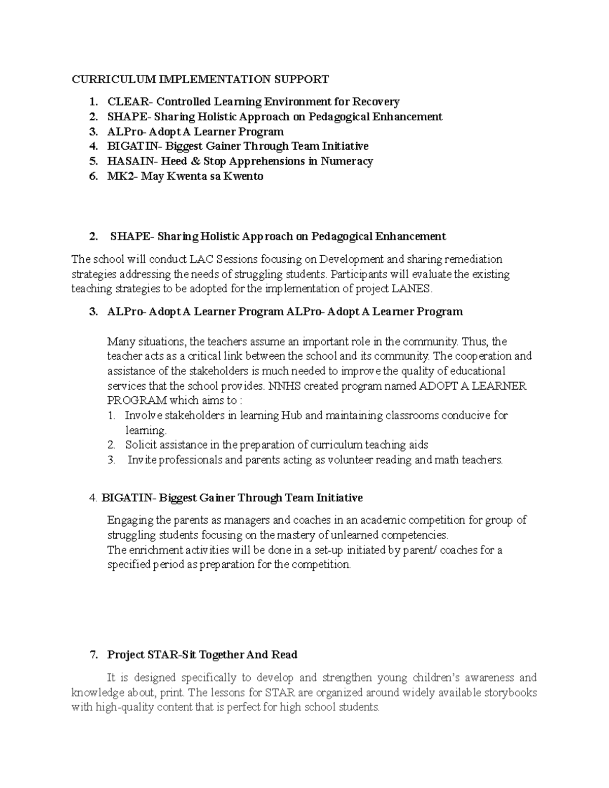 LRP Project Encoded TON - CURRICULUM IMPLEMENTATION SUPPORT 1. CLEAR ...