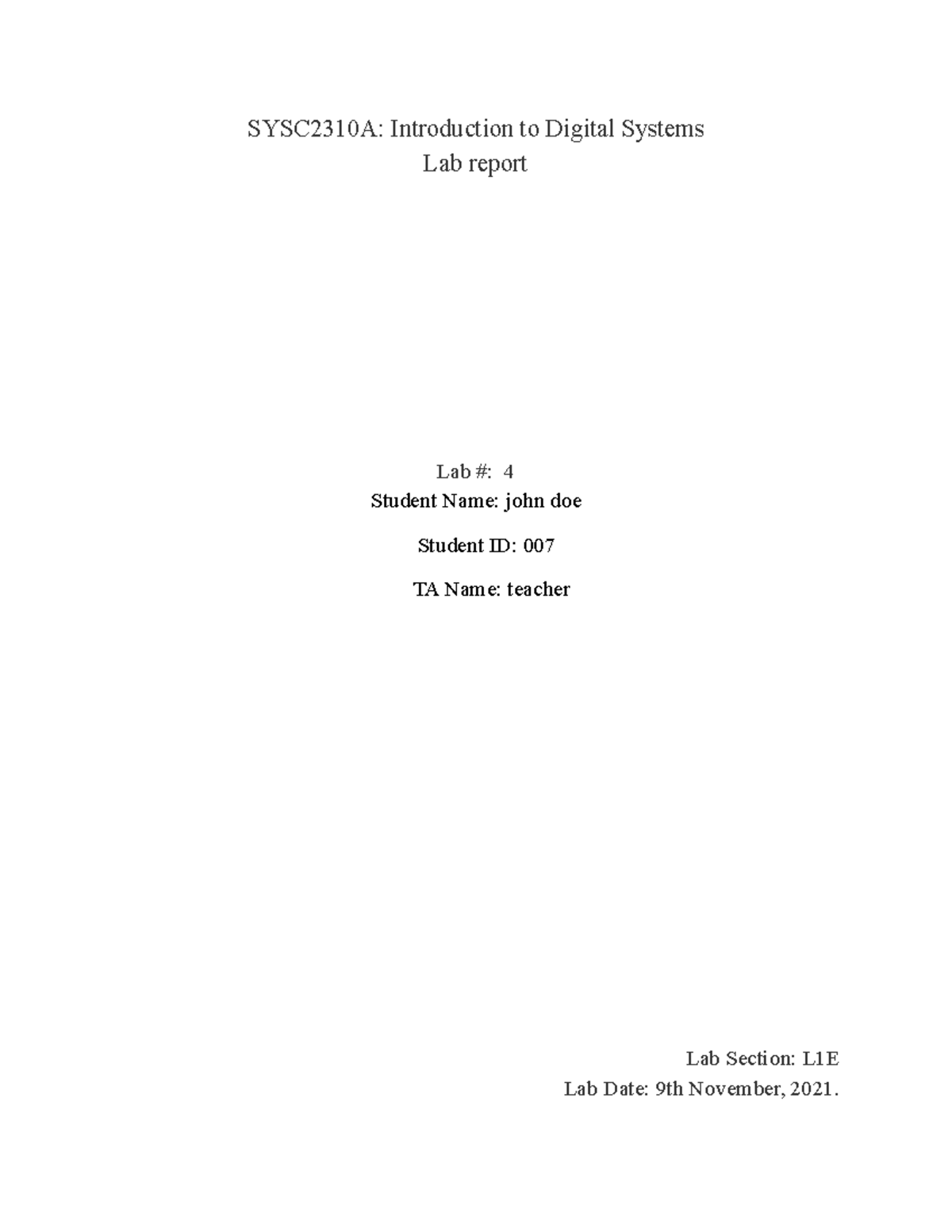Lab4 Report - SYSC2310A: Introduction to Digital Systems Lab report Lab ...