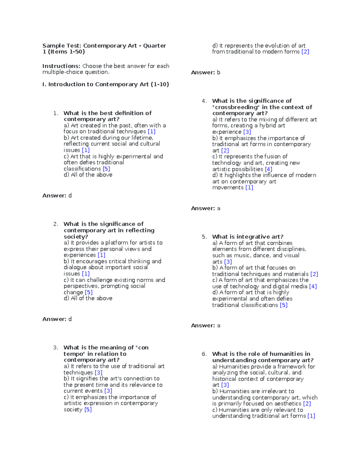 Sample Test Contemporary ART - I. Introduction to Contemporary Art (1 ...