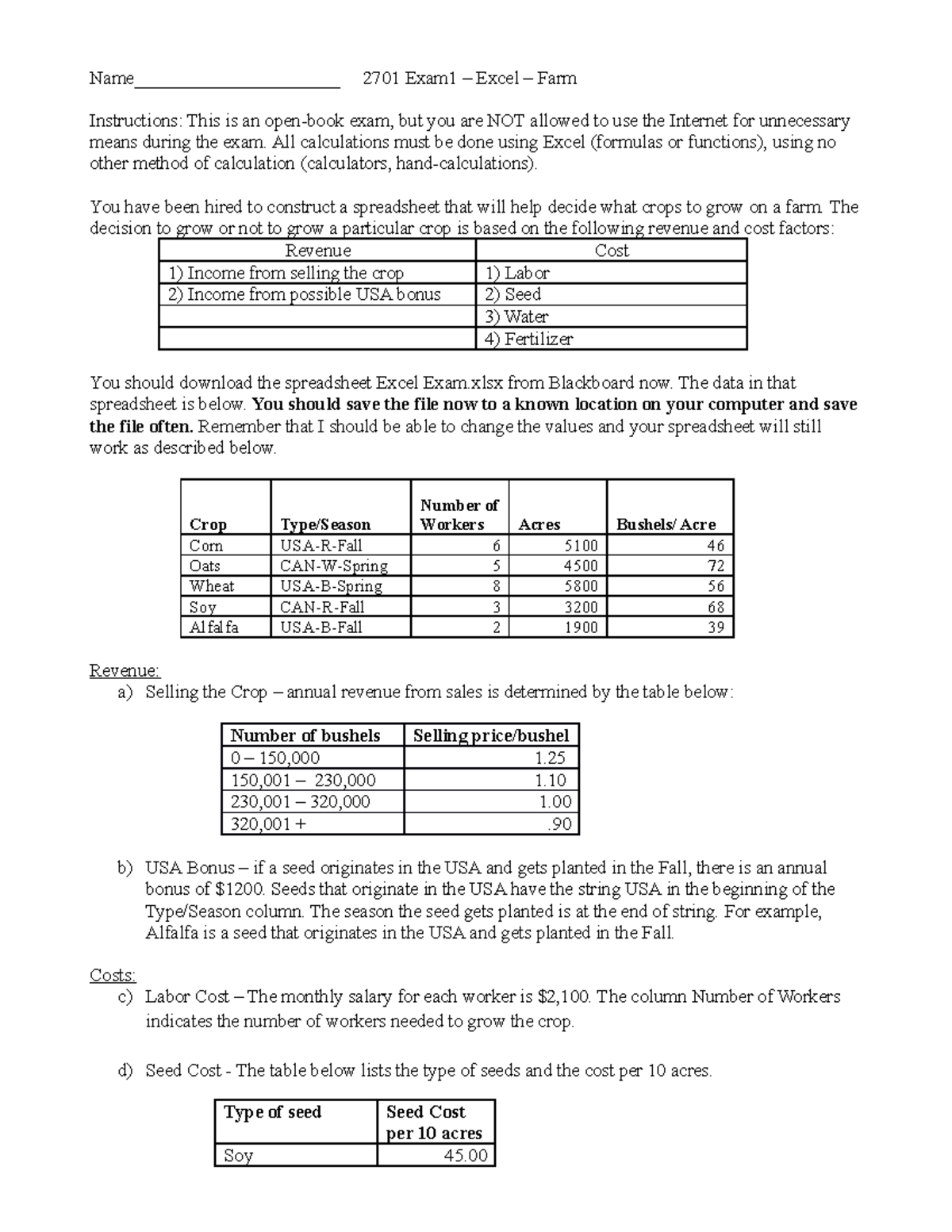 Excel Exam - Name______________________ 2701 Exam1 – Excel – Farm ...