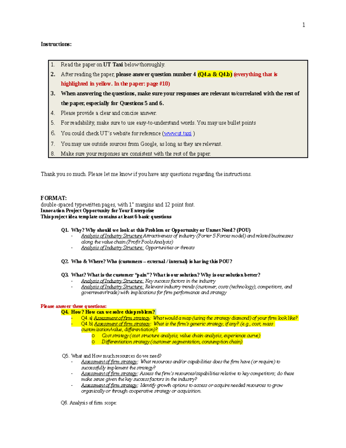 project example - Instructions: Read the paper on UT Taxi below ...