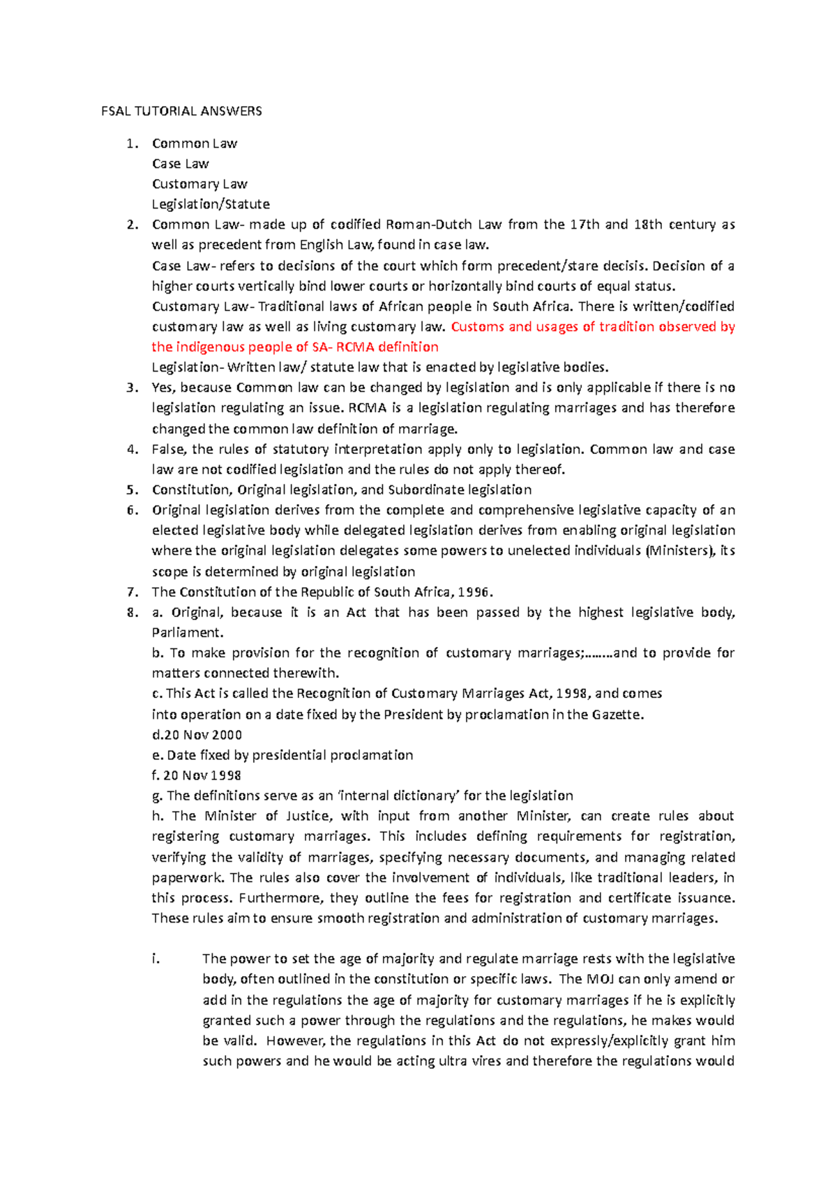 FSAL TUT 6 - Tutorial answers - FSAL TUTORIAL ANSWERS Common Law Case ...