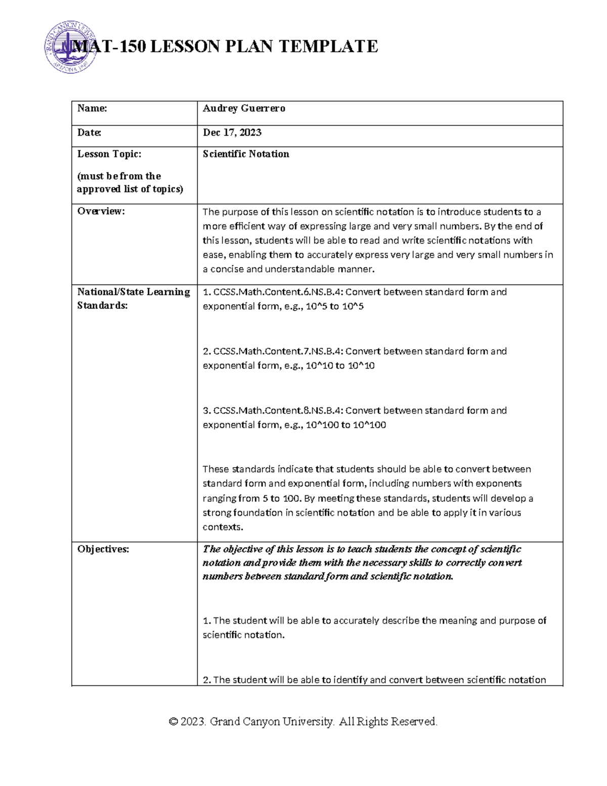 Guerrero, Audrey 121723 MAT-150 Lesson Plan Template - Name: Audrey ...