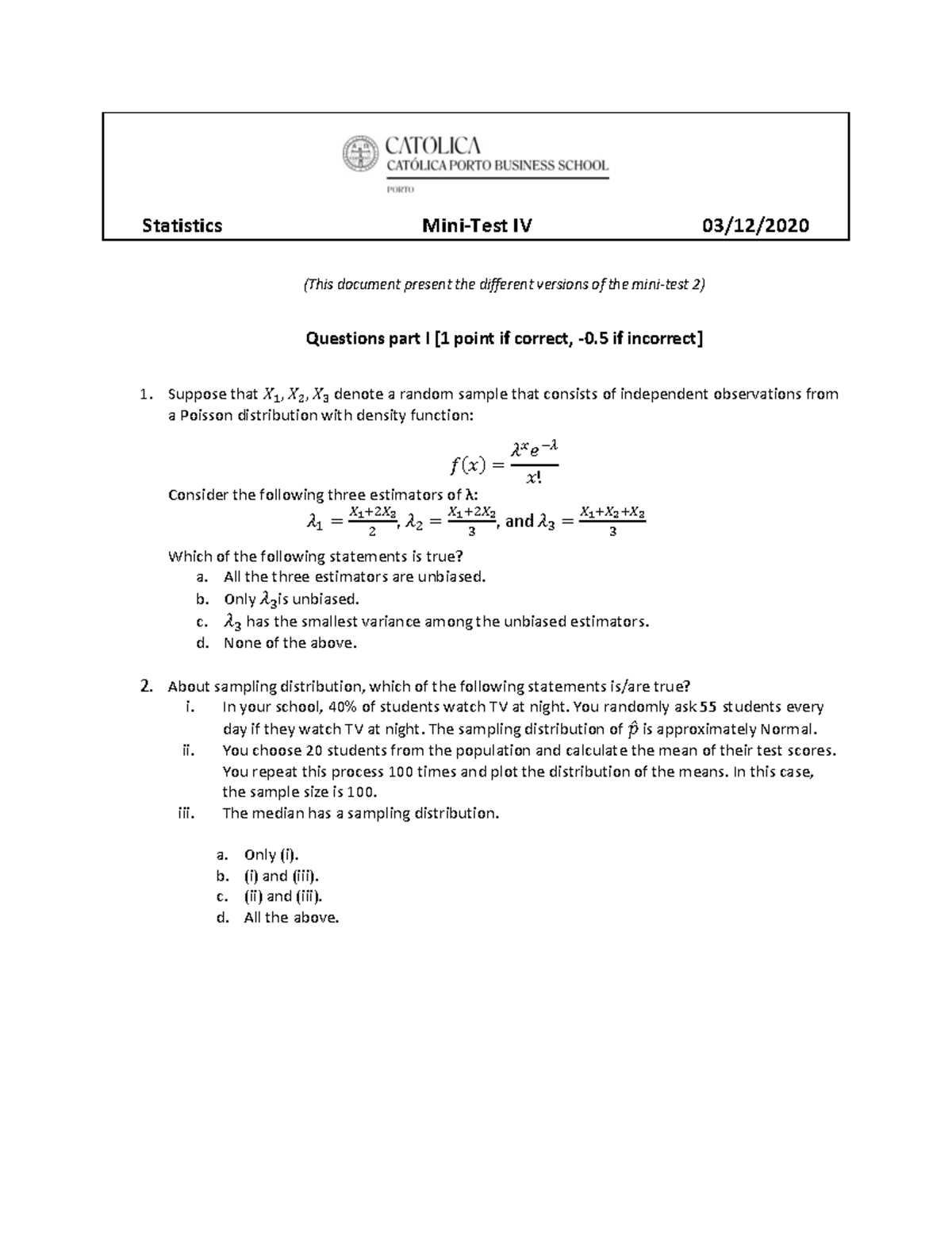 Mini Test 4 2020 2021 1sem Students - Statistics Mini-Test IV 03/12 ...