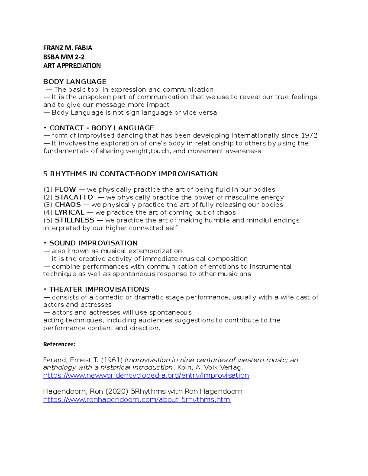 ART - :)) - FRANZ M. FABIA BSBA MM 2- ART APPRECIATION BODY LANGUAGE ...