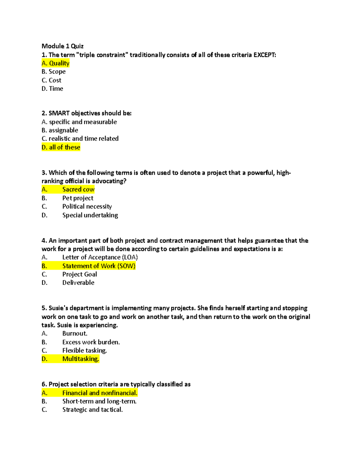 Project Management Basic 1 Quiz Questions prequiz - Module 1 Quiz The ...