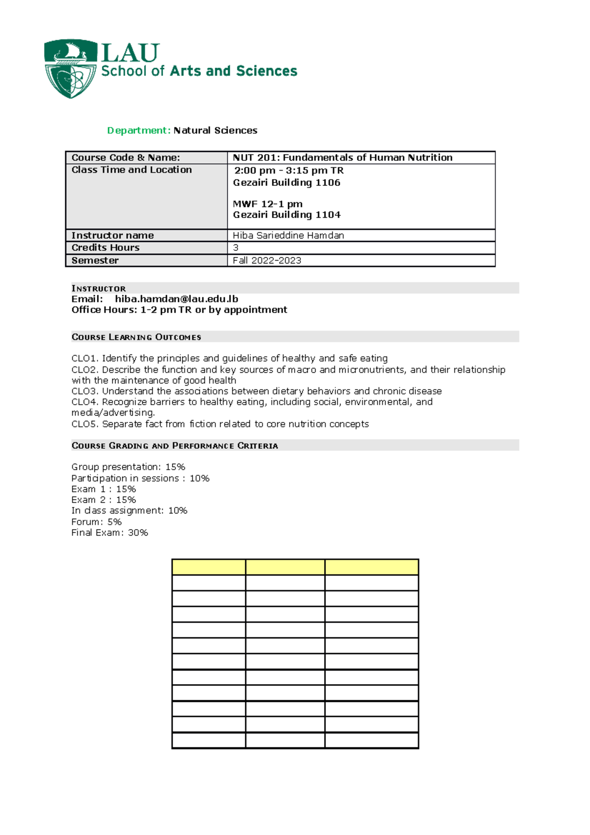 Syllabus - Department: Natural Sciences Course Code & Name: NUT 201 ...