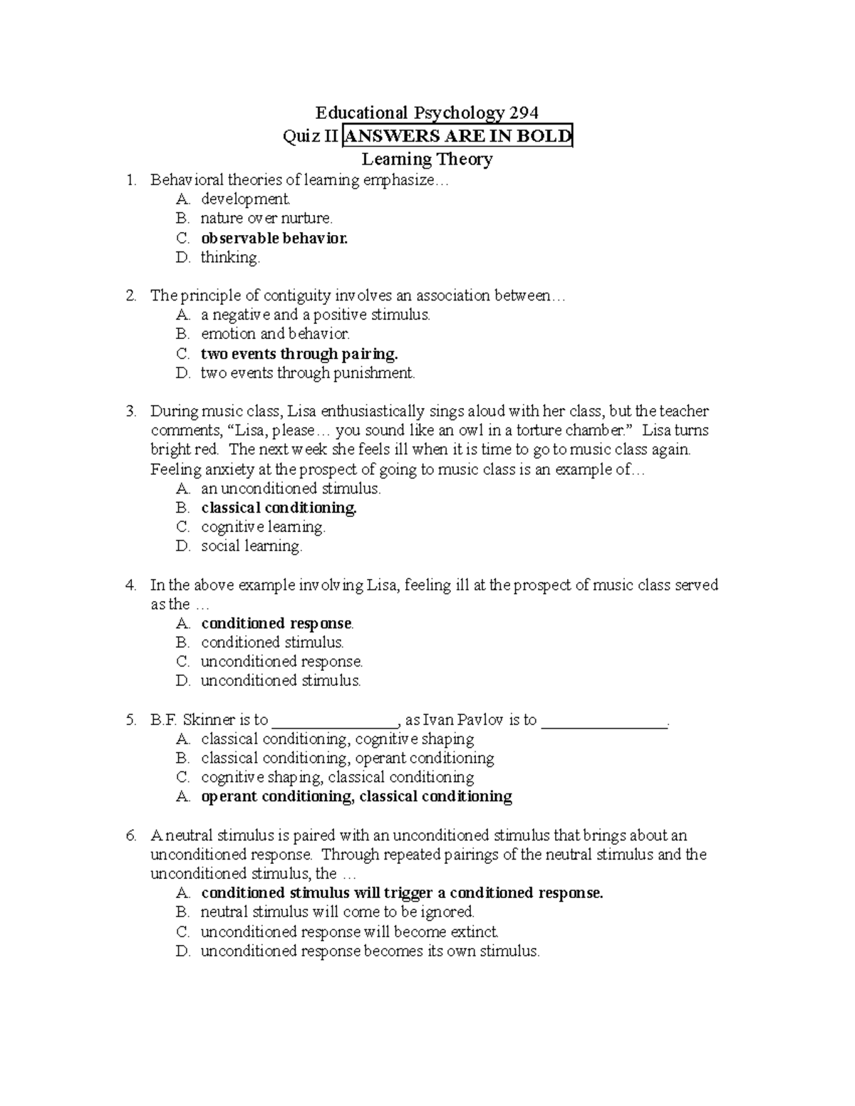 Ed Psych 2 Answers - Educational Psychology 294 Quiz II ANSWERS ARE IN ...