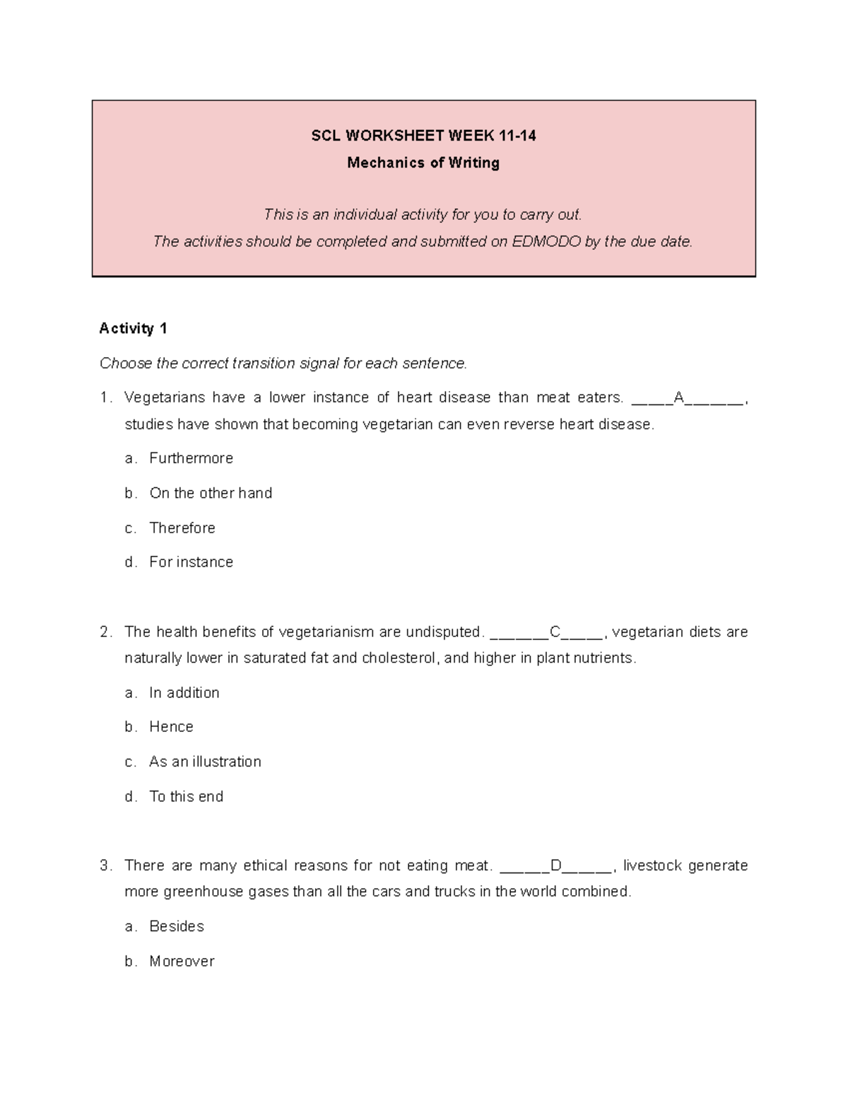 SCL Worksheet WEEK 11 - SCL WORKSHEET WEEK 11- Mechanics of Writing ...