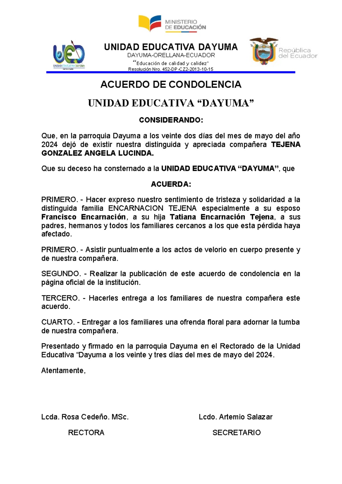 Modelo de Acuerdo de condolencia - UNIDAD EDUCATIVA DAYUMA DAYUMA ...