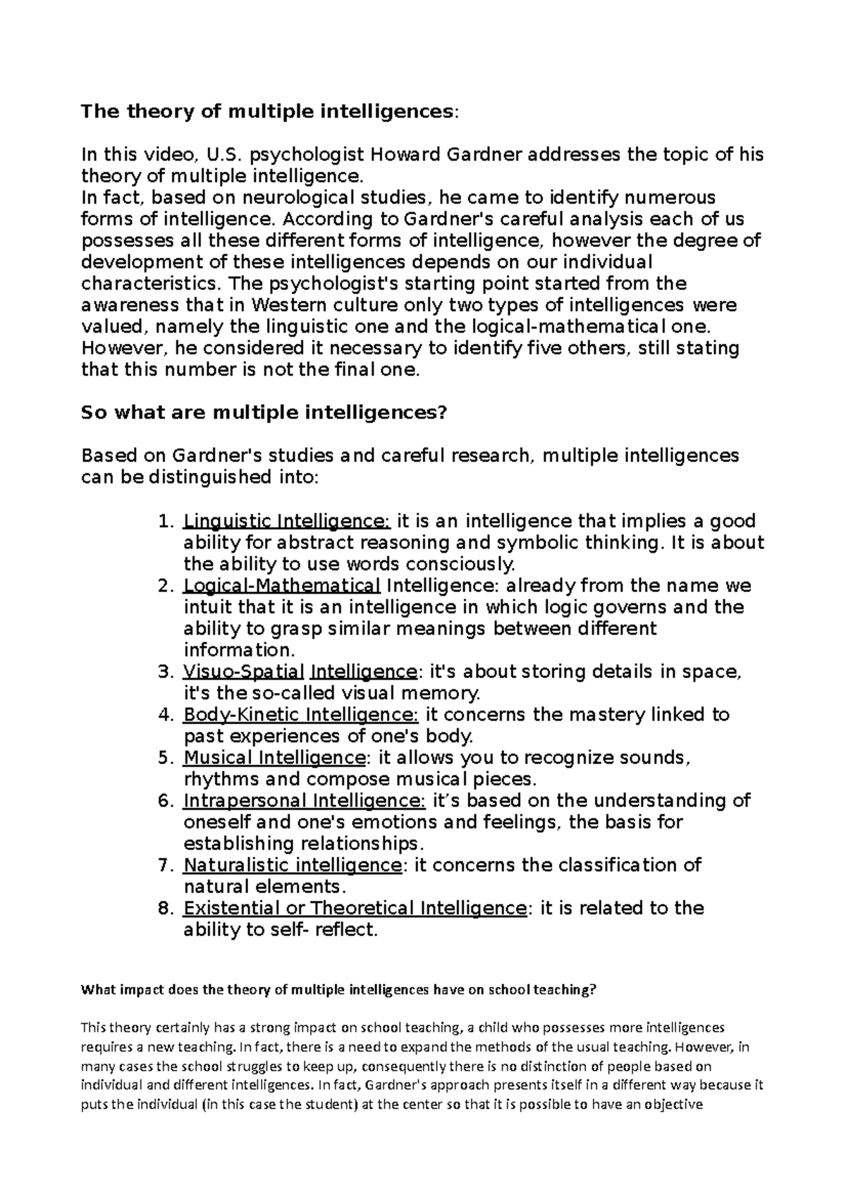 The theory of multiple intelligences - psychologist Howard Gardner ...