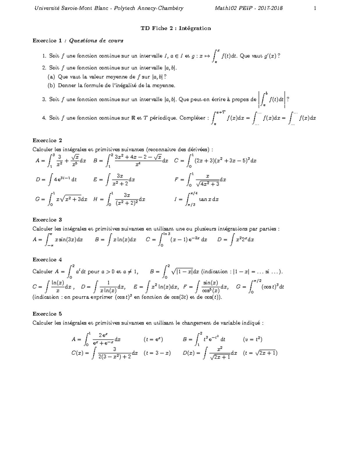 MATH101-TD5 integration - Blanc Polytech Math102 PEIP 1 TD Fiche 2 : Exercice 1 : Questions de ...