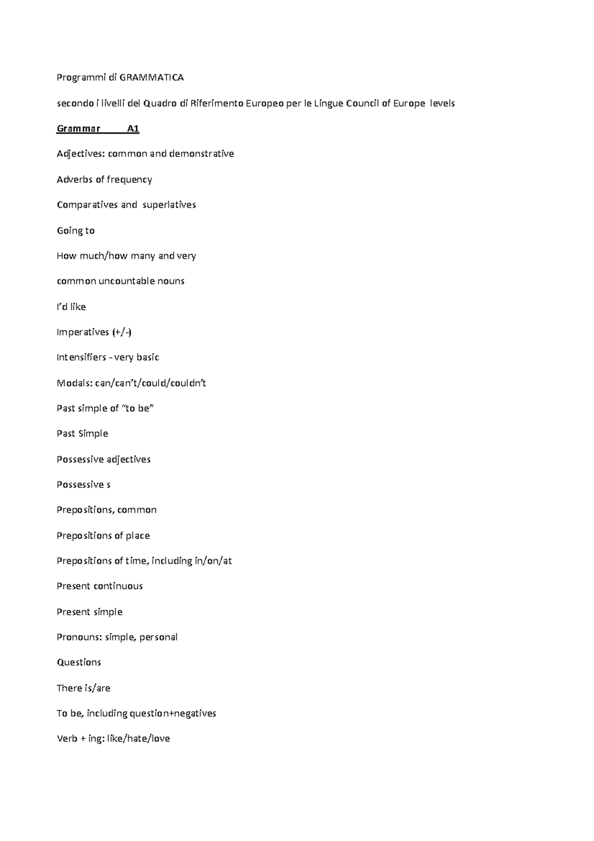 Programmi di Grammatica B1 Inglese - Programmi di GRAMMATICA secondo i livelli del Quadro di ...