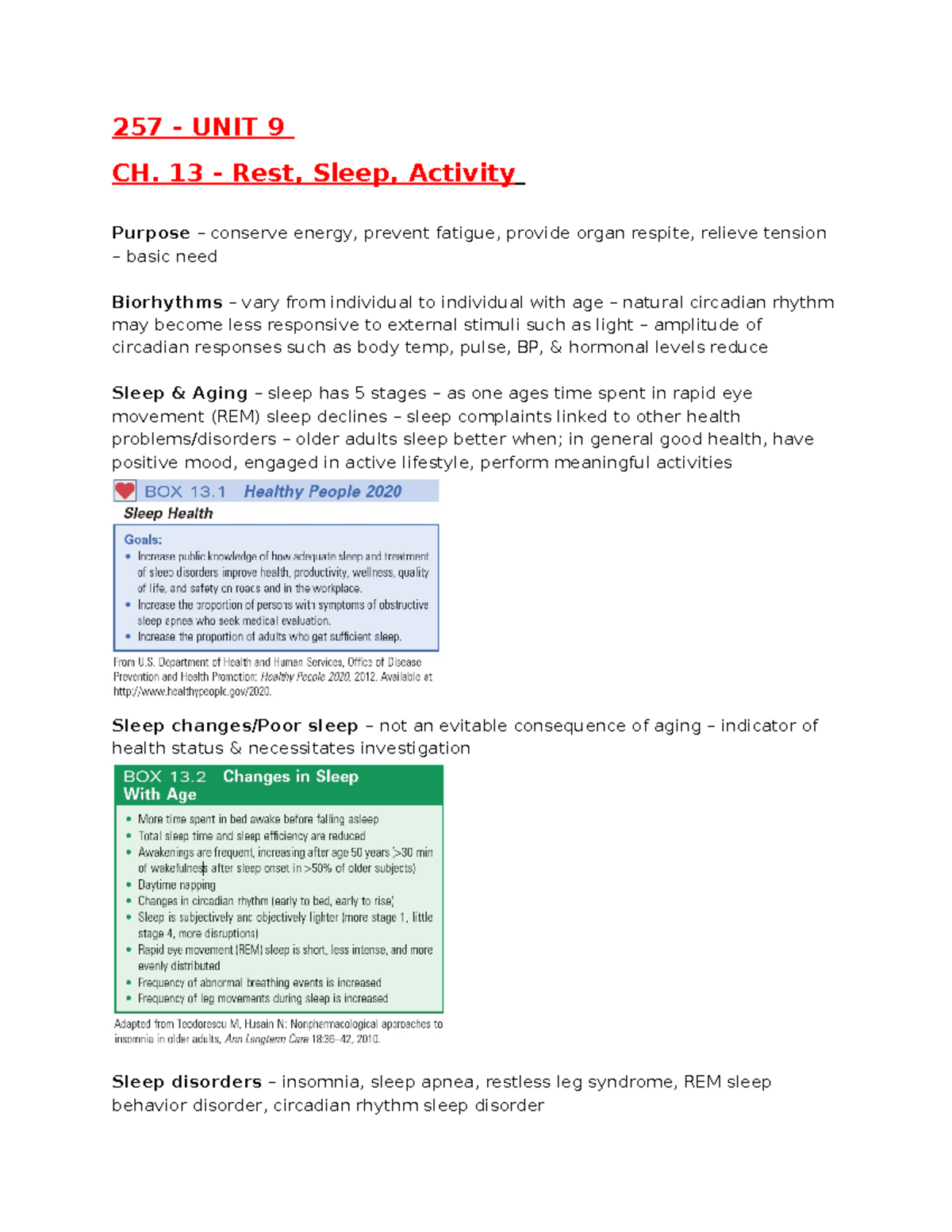 257 UNIT 9 Ch 13 & 14 Notes - 257 - UNIT 9 CH. 13 - Rest, Sleep ...