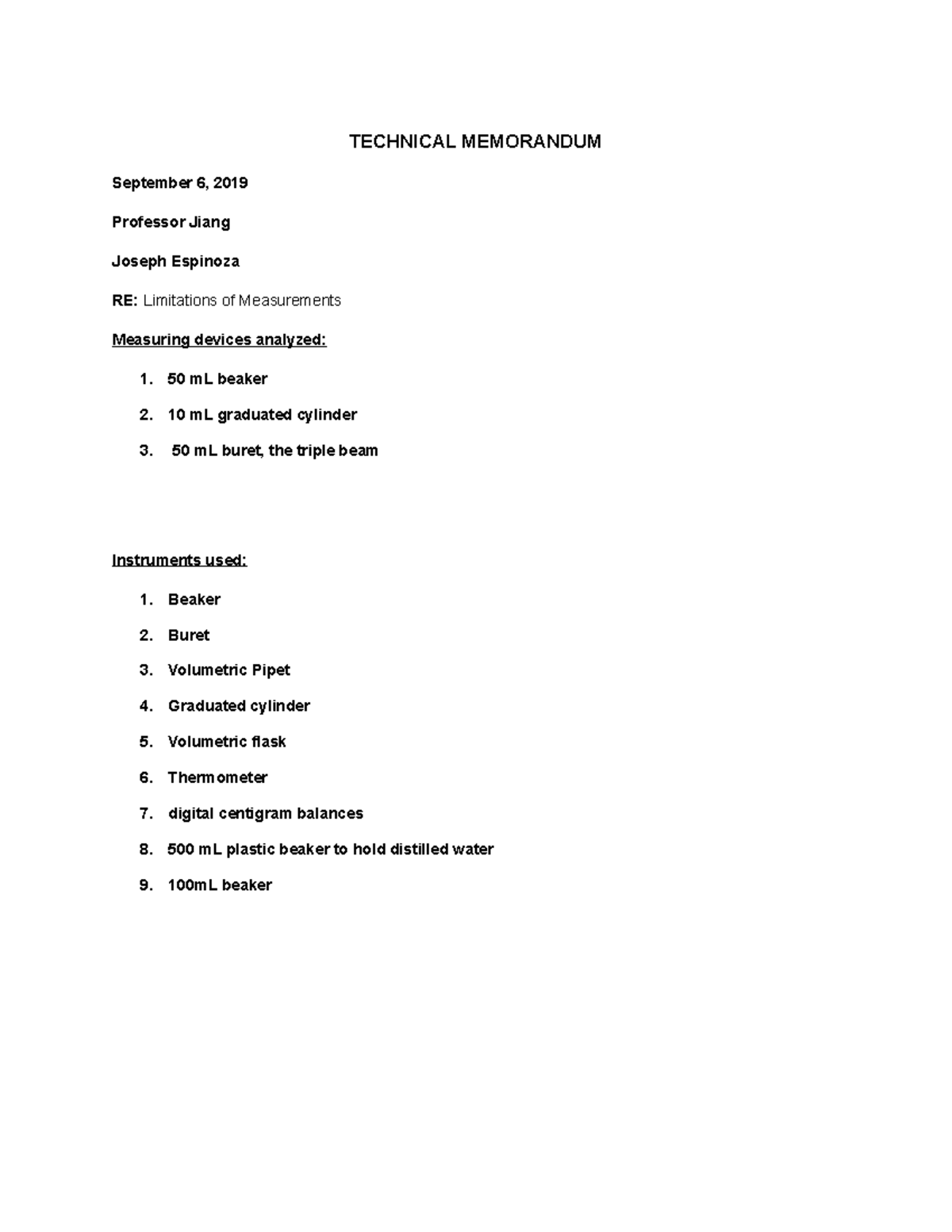 Chem lab 1 - TECHNICAL MEMORANDUM - TECHNICAL MEMORANDUM September 6 ...