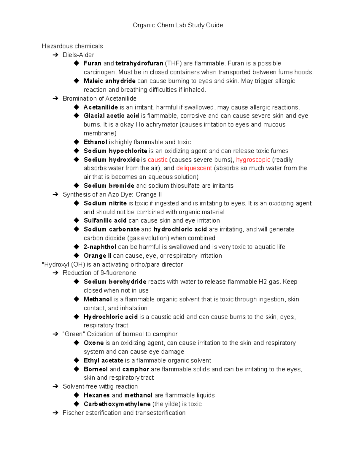 Chem326 Final Study Guide - Organic Chem Lab Study Guide Hazardous ...