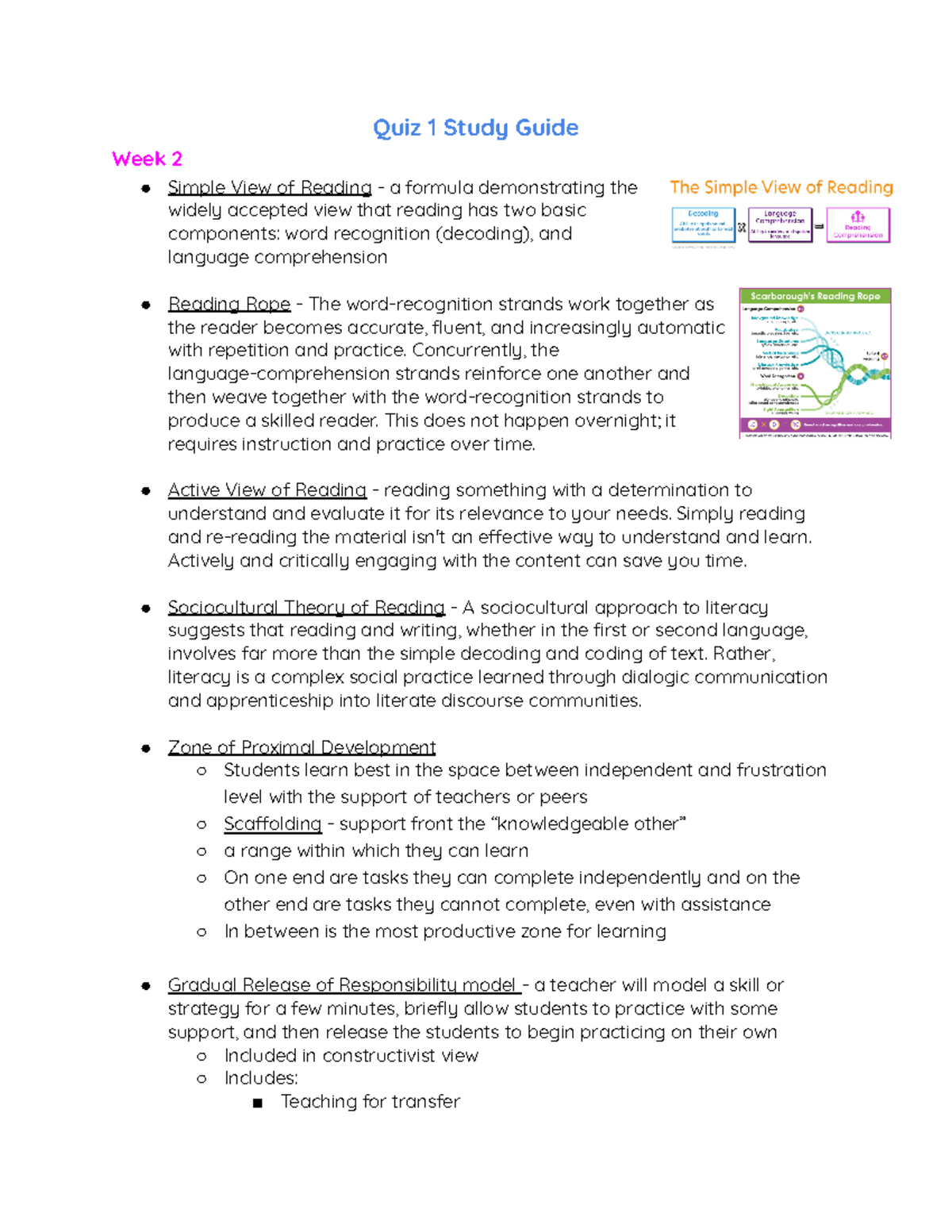 Quiz 1 Study Guide - Quiz 1 Study Guide Week 2 Simple View of Reading ...