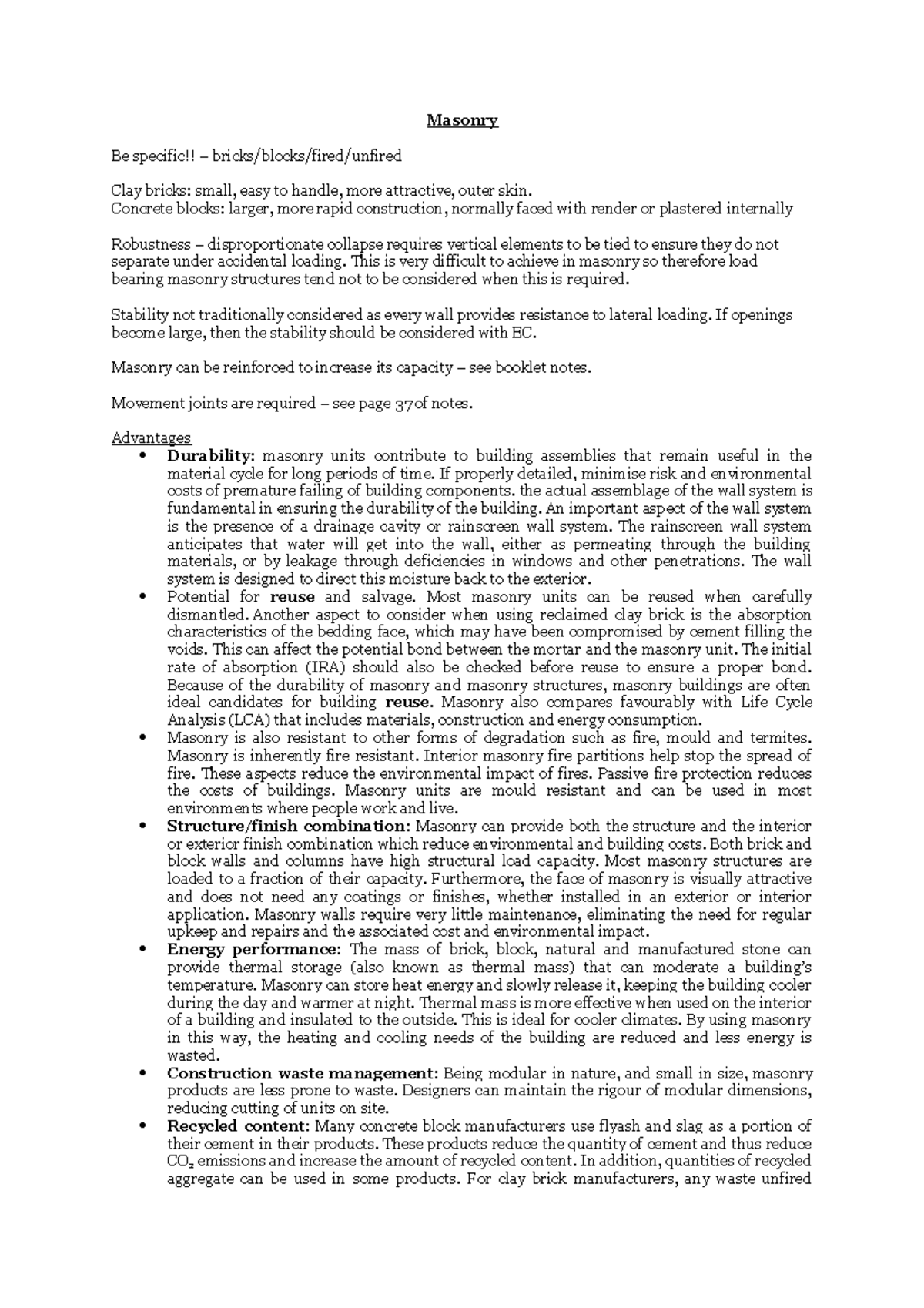 Masonry & Earth Masonry Notes - Masonry Be specific!! – bricks/blocks ...