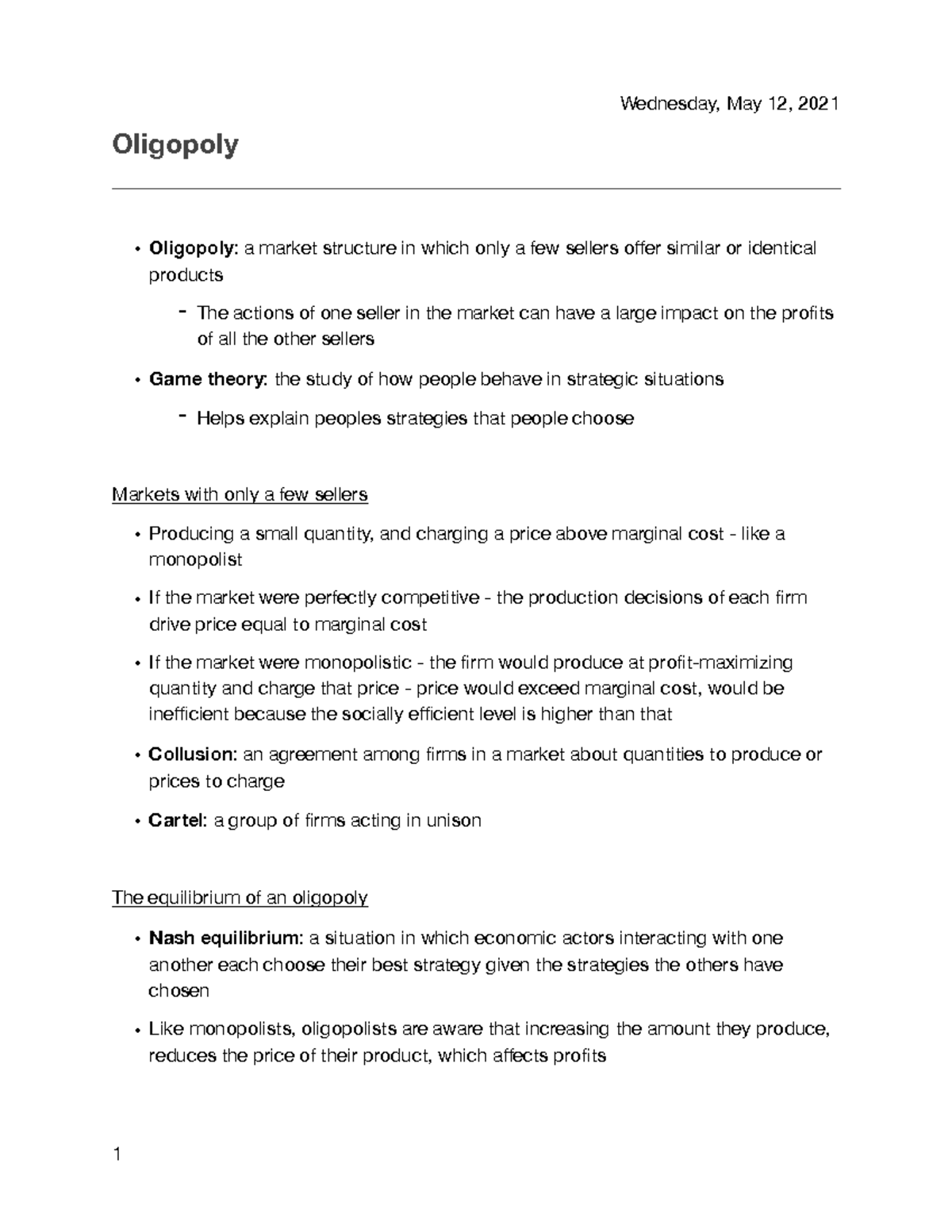 Micro(17) - oligopoly - CHAPTER 17 - Wednesday, May 12, 2021 Oligopoly ...