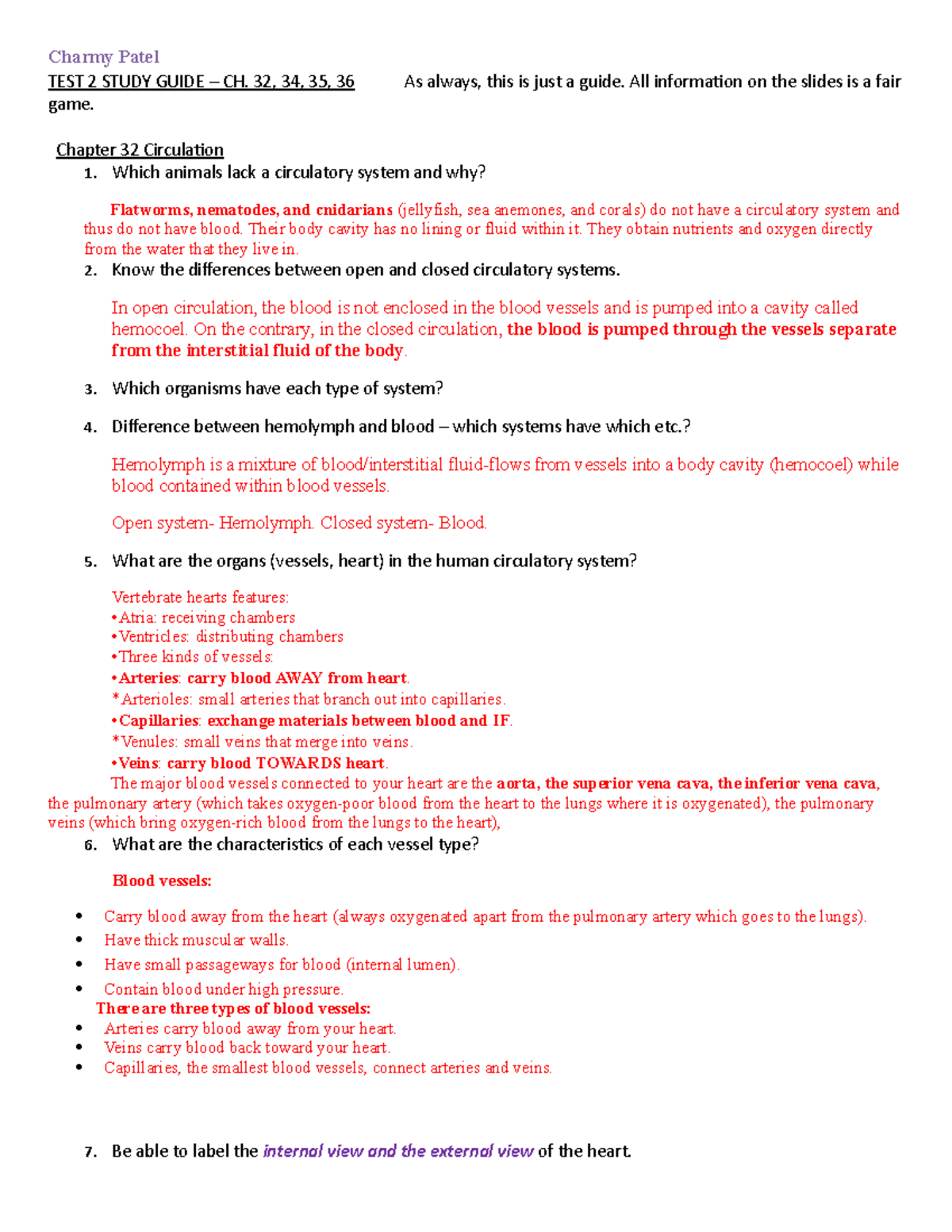 BIO-Study Guide 2 - Charmy Patel TEST 2 STUDY GUIDE – CH. 32, 34, 35 ...