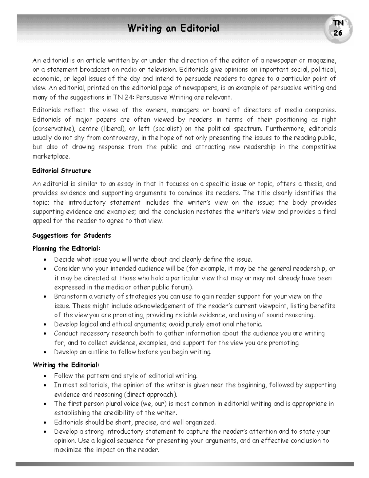 2 - NOTES FOR MODULE - Antiti Writing an Editorial TN 26 An editorial ...