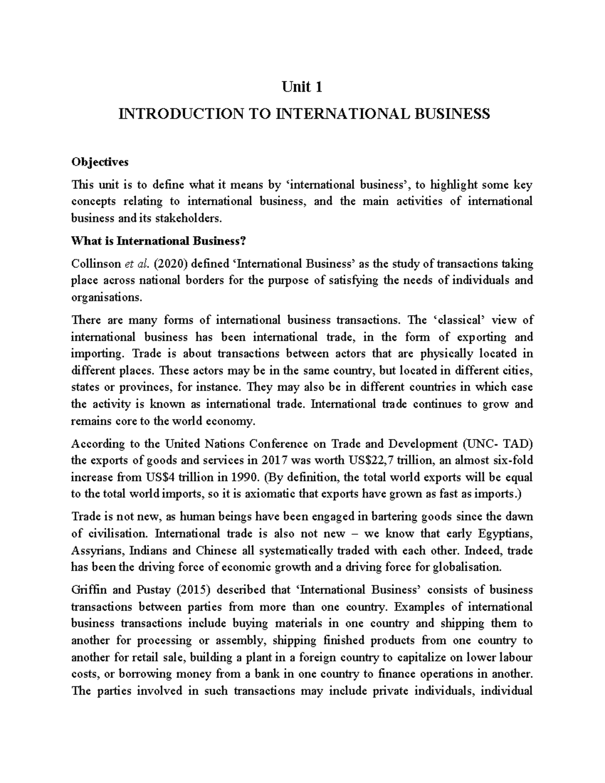 Unit 1 INTRODUCTION TO INTERNATIONAL BUSINESS KDQT - Unit 1 ...