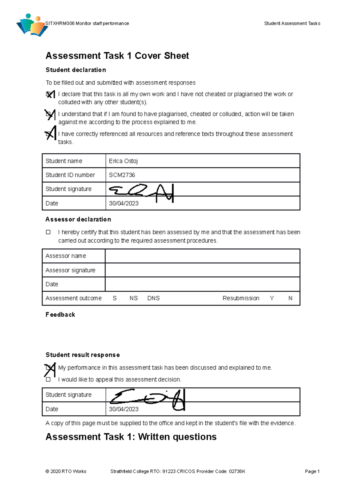 SITXHRM006 Assessment Task 1 - Assessment Task 1 Cover Sheet Student declaration To be filled ...