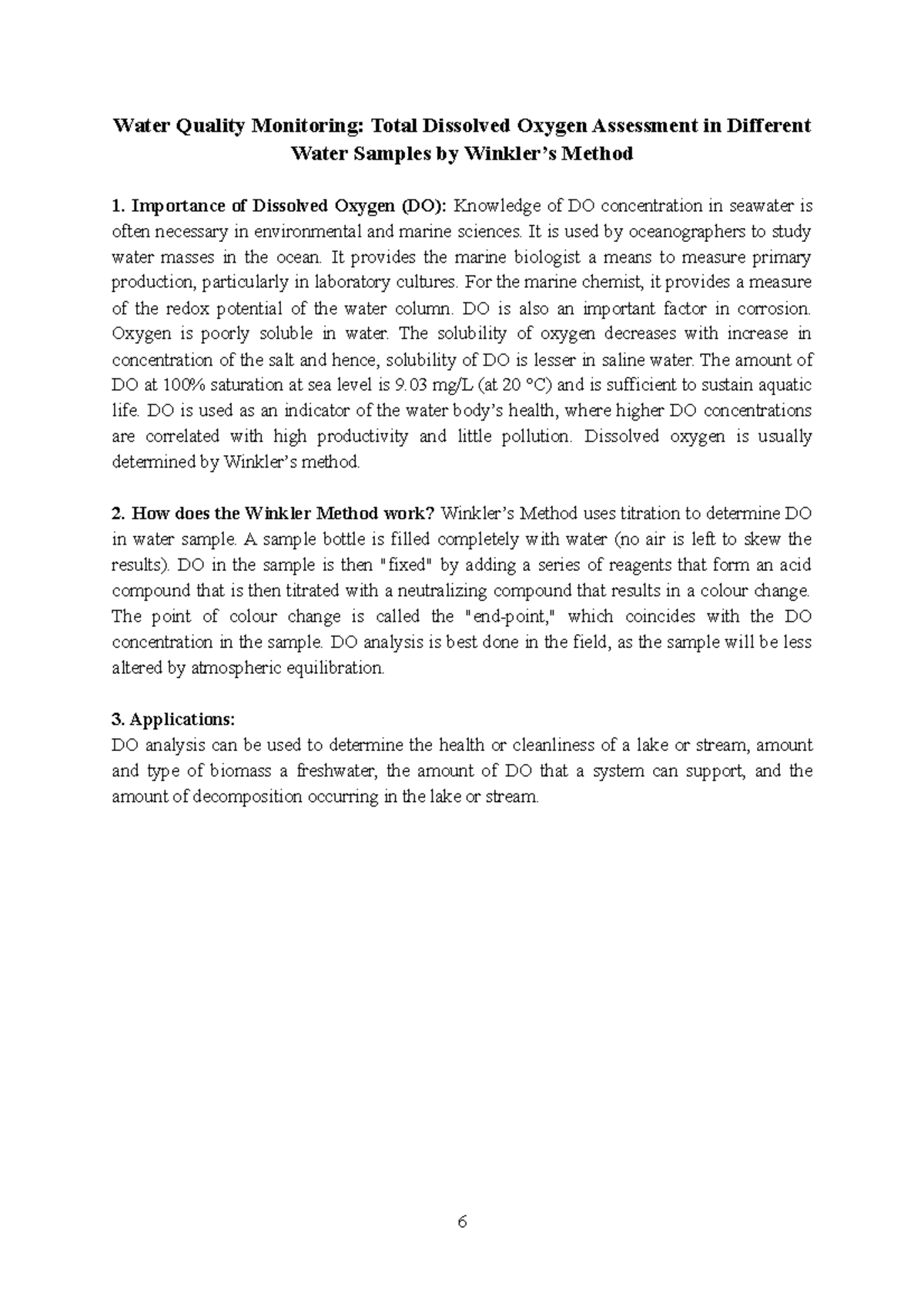(Chem Practical) 2. Assessment of total dissolved oxygen in different ...