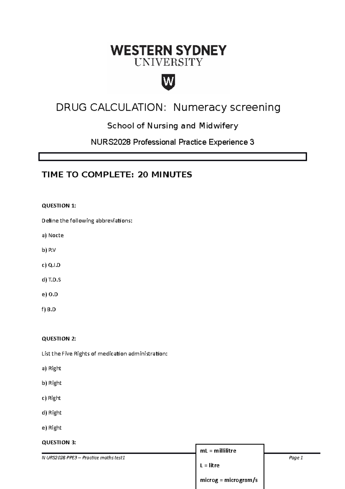 Practice Drug Calculation Test 1 DRUG CALCULATION Numeracy Screening
