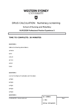 Practice Drug Calculation Test 2 - SCHOOL OF NURSING AND MIDWIFERY ...