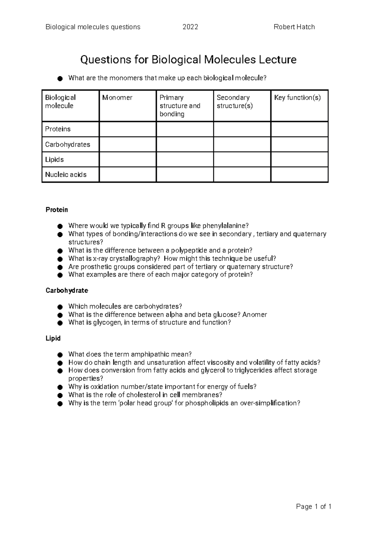 1b. Biol Mol seminar questions - Biological molecules questions 2022 ...