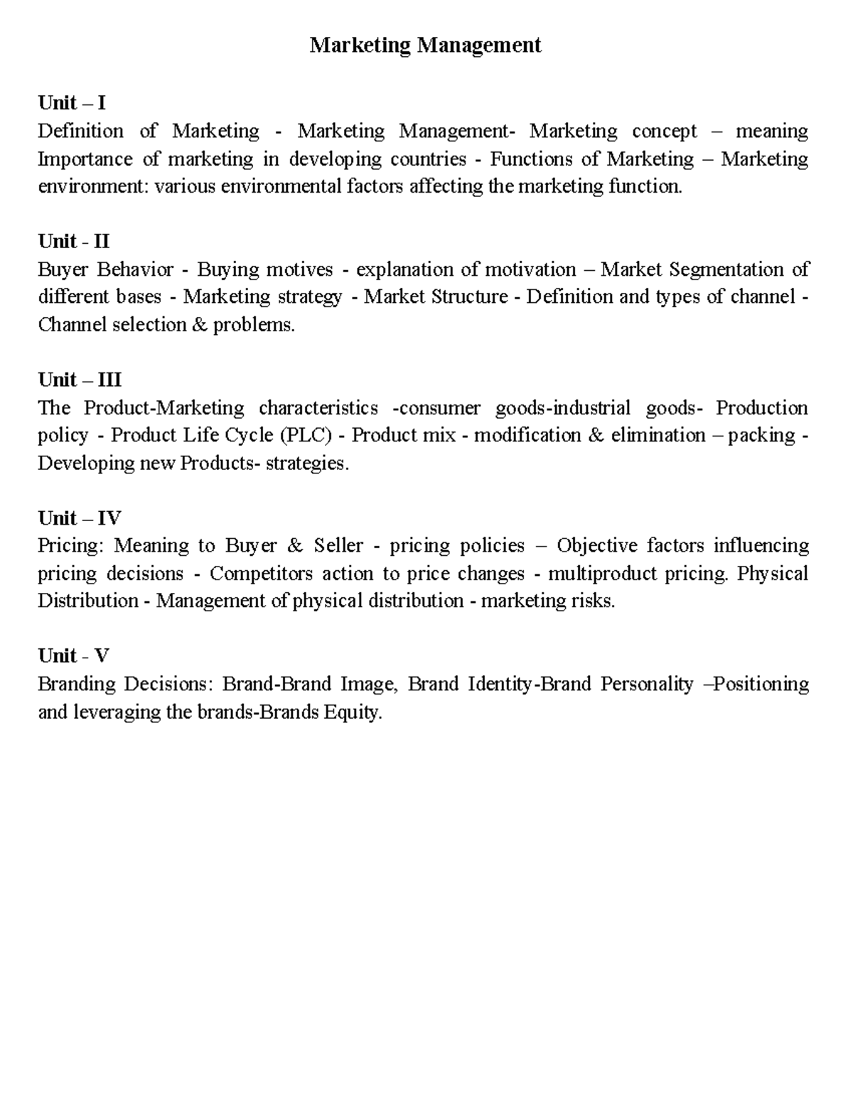 Marketing Management - BBA (S&L) - Marketing Management Unit – I ...