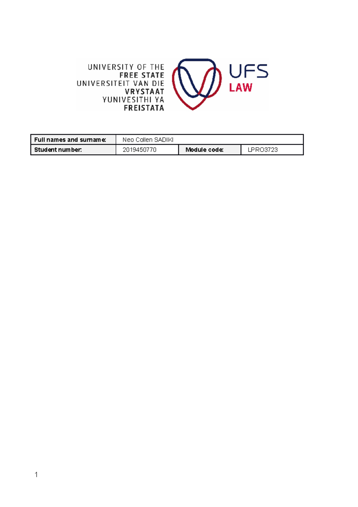 LPRO3723 Assignment Final Final - Full names and surname: Neo Collen SADIKI Student number ...
