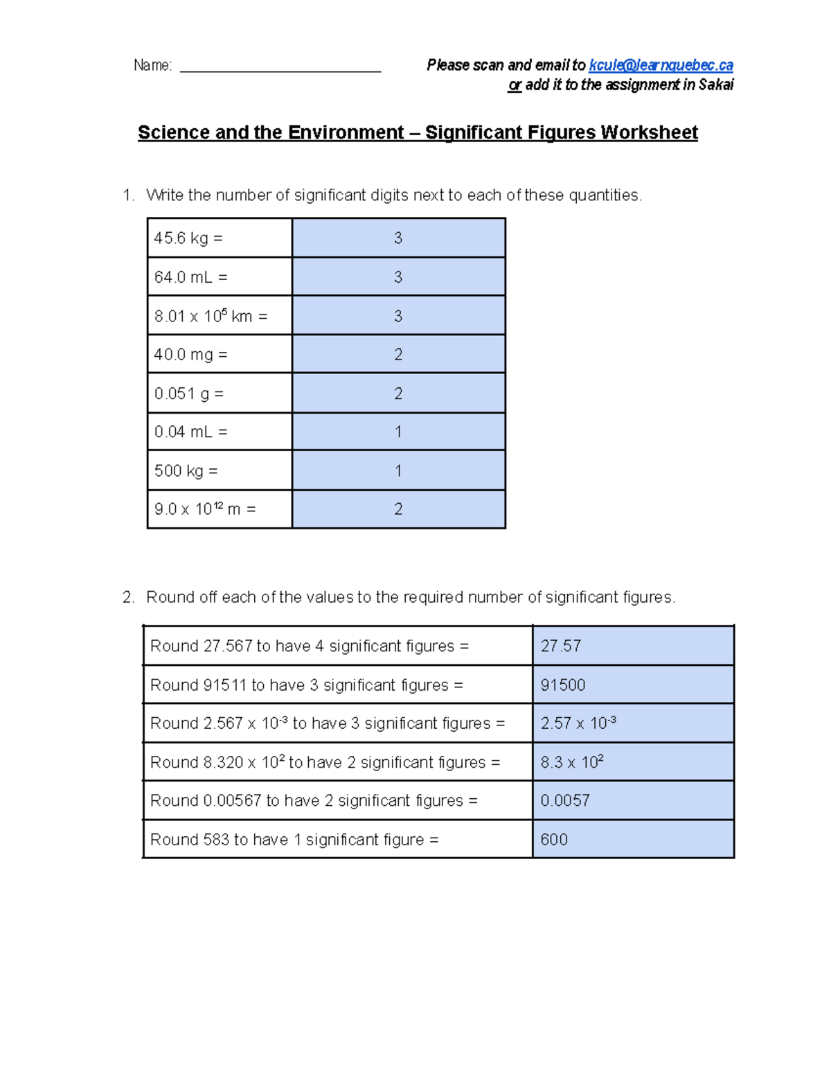 Significant Figures Worksheet for grade 911 - Name: ___________________________ Please scan and ...