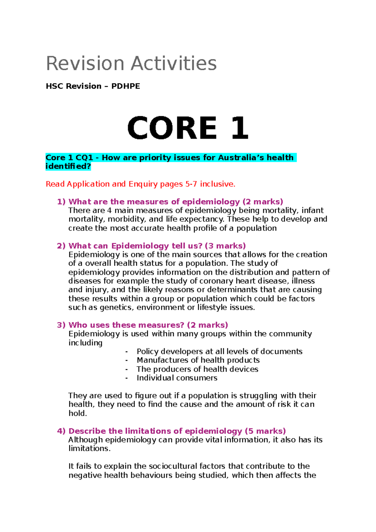 Revision Activities cq1 - Revision Activities HSC Revision – PDHPE CORE ...