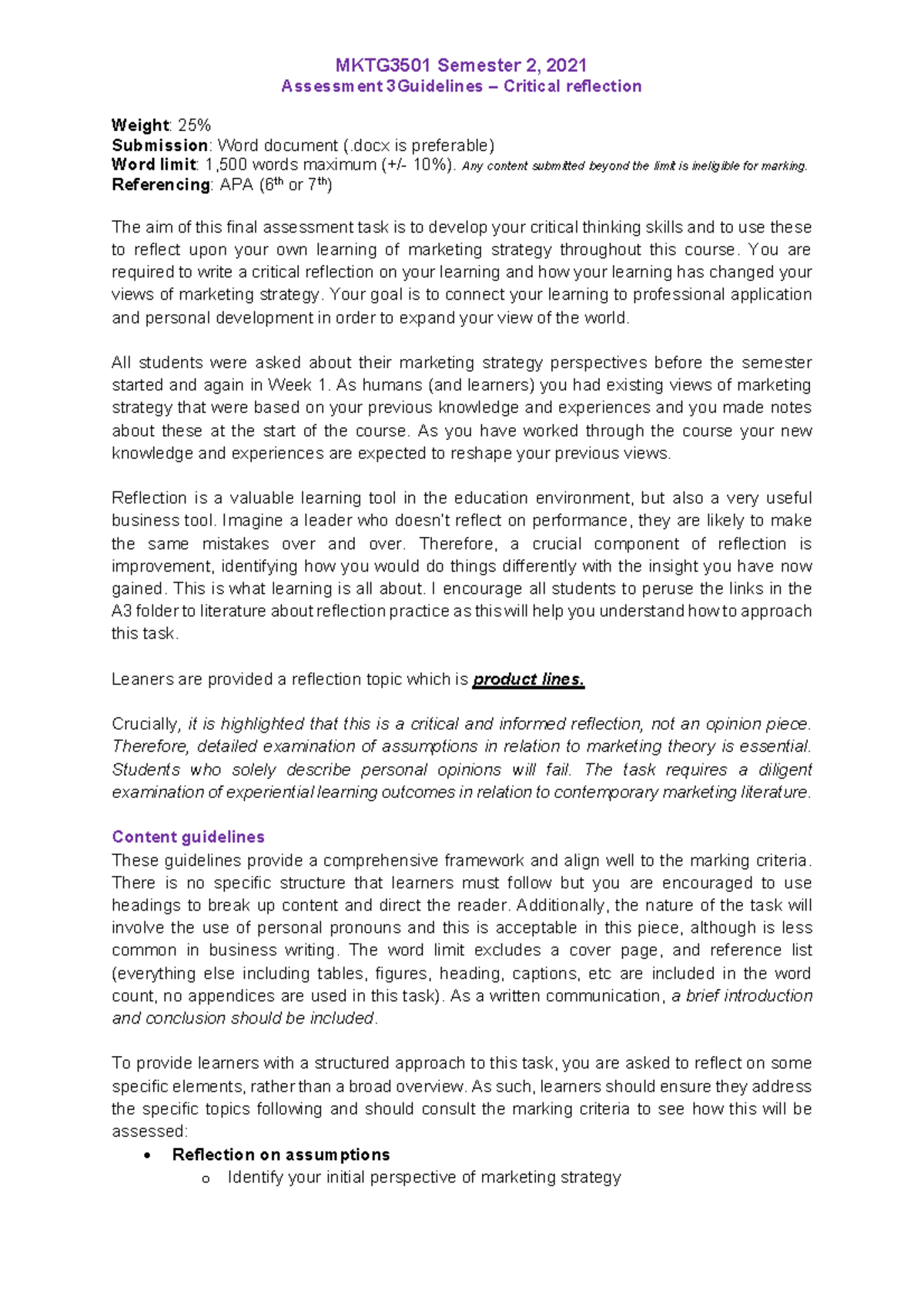 MKTG3501 A3 Guidelines 2021 - MKTG3501 Semester 2, 2021 Assessment ...