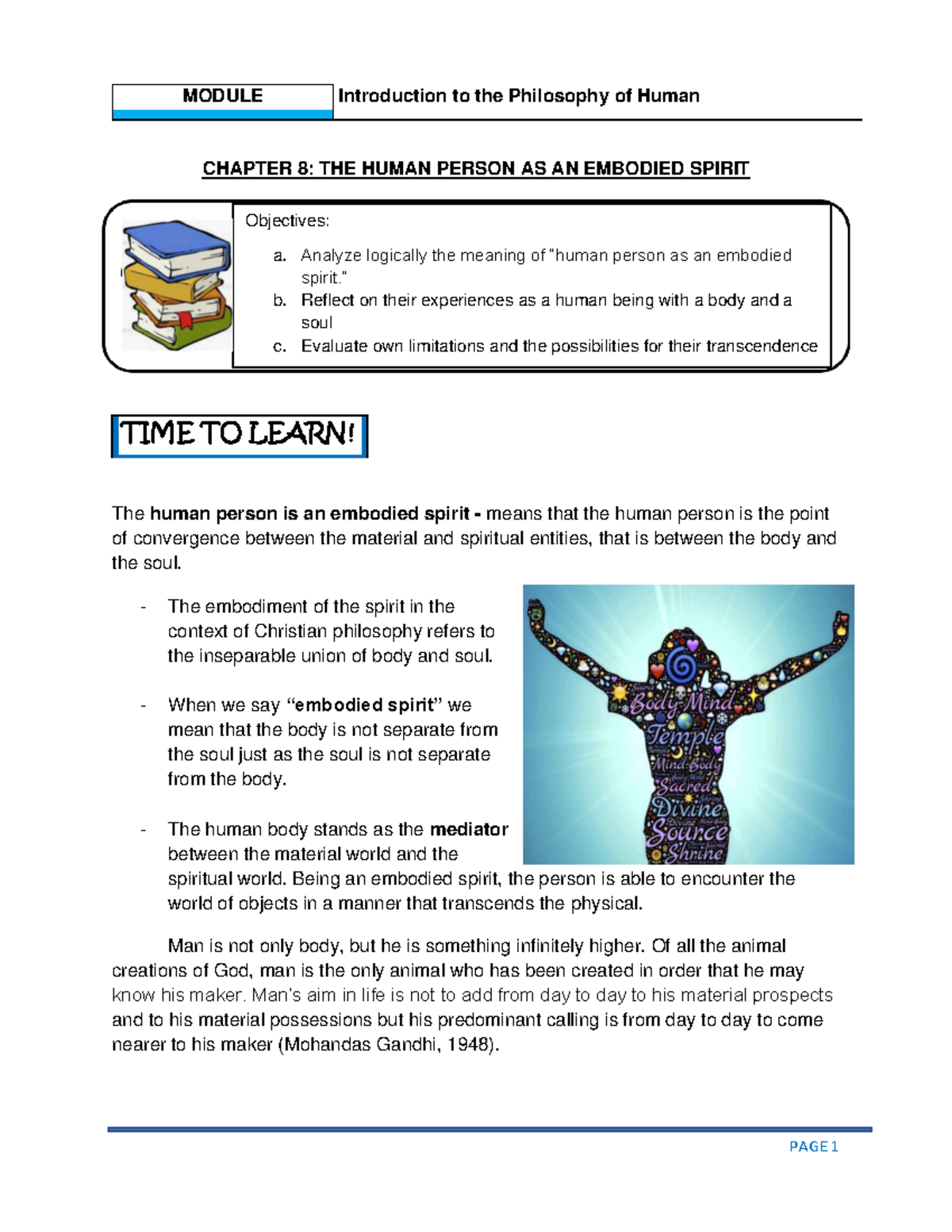 Chapter 8 Human Person AS AN Embodied Spirit CHAPTER 8 THE HUMAN 