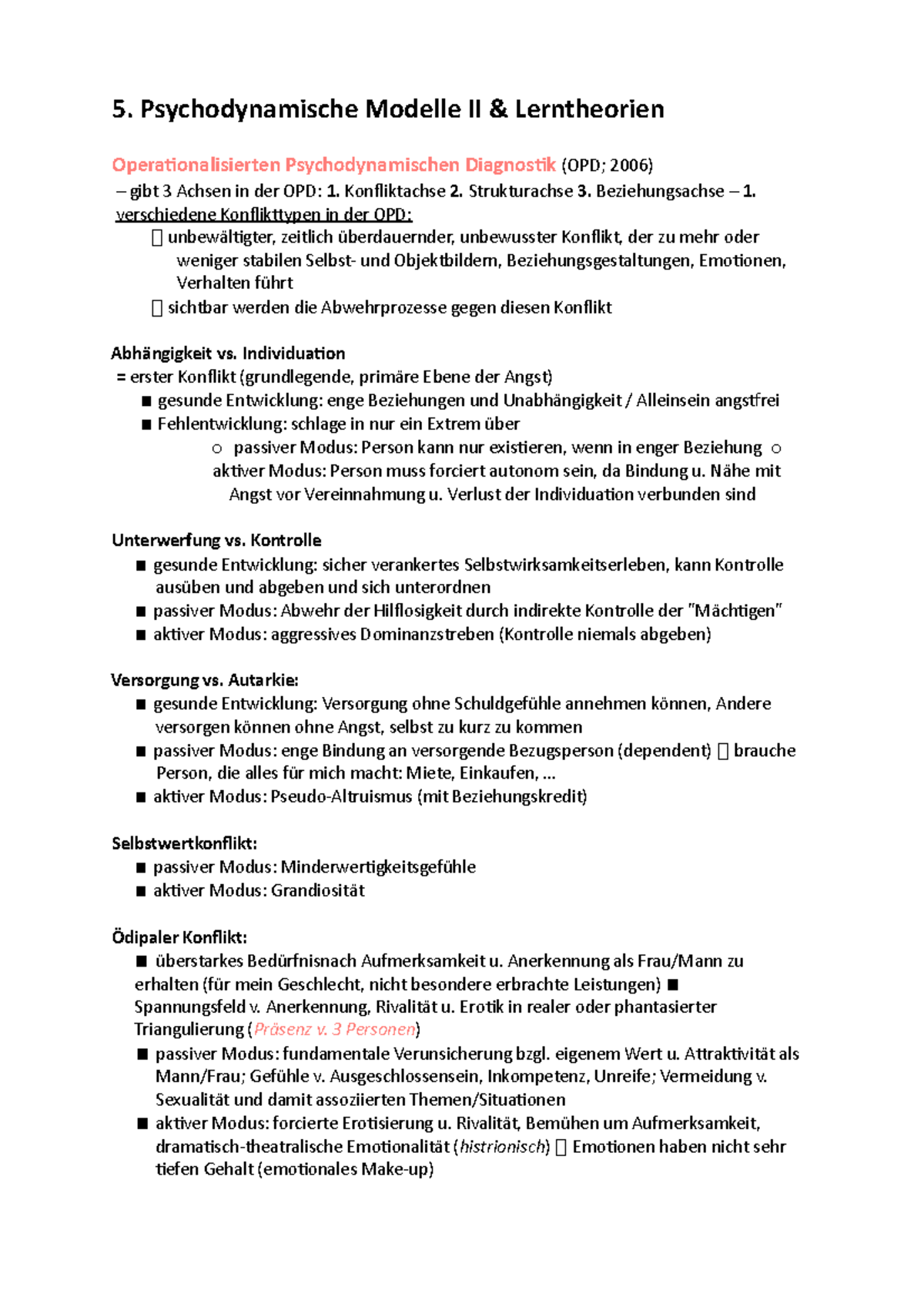 Zusammenfassung 5 Psychodynamische Modelle (Teil 2) & Lerntheorien - 5 ...