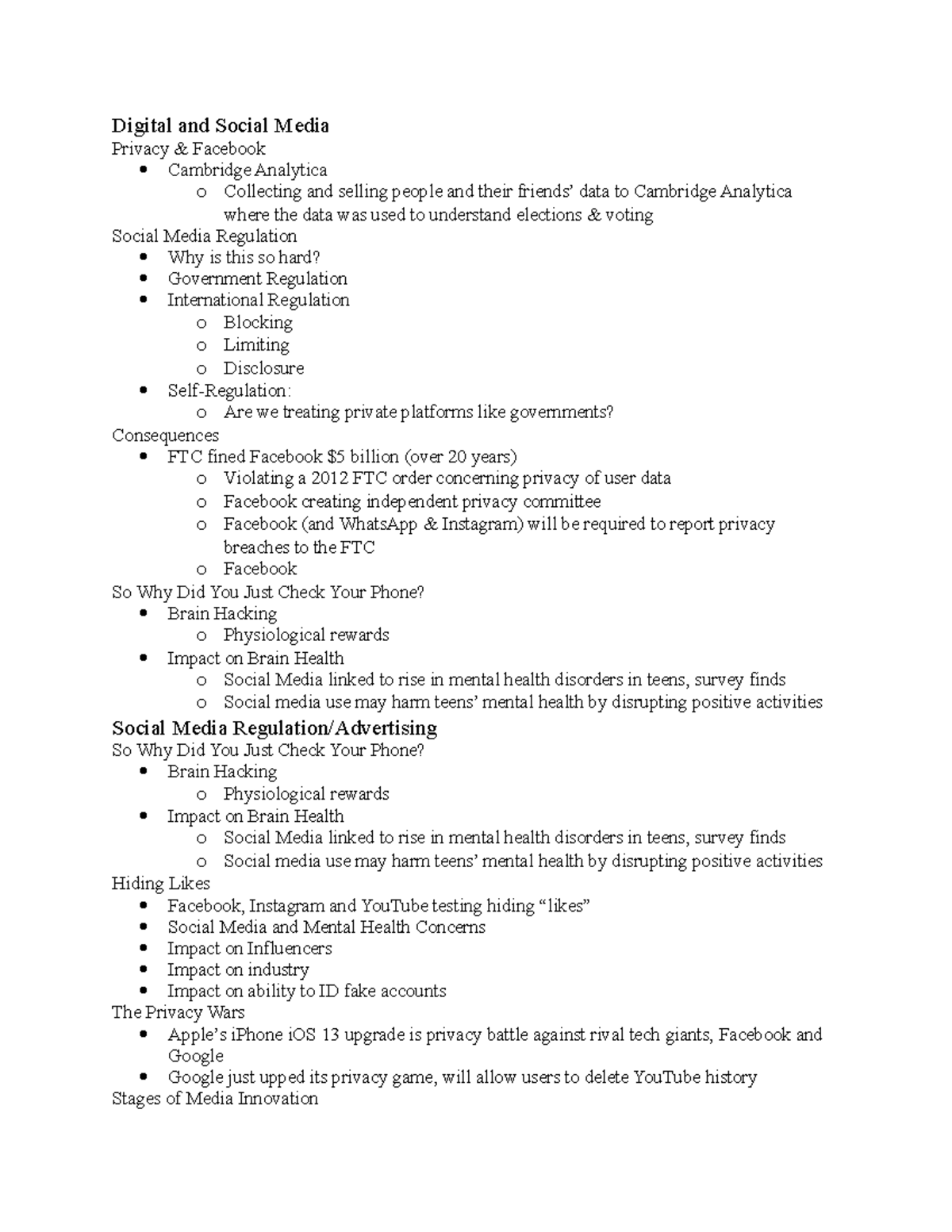 COM 107 Notes 5 - Digital and Social Media Privacy & Facebook Cambridge ...