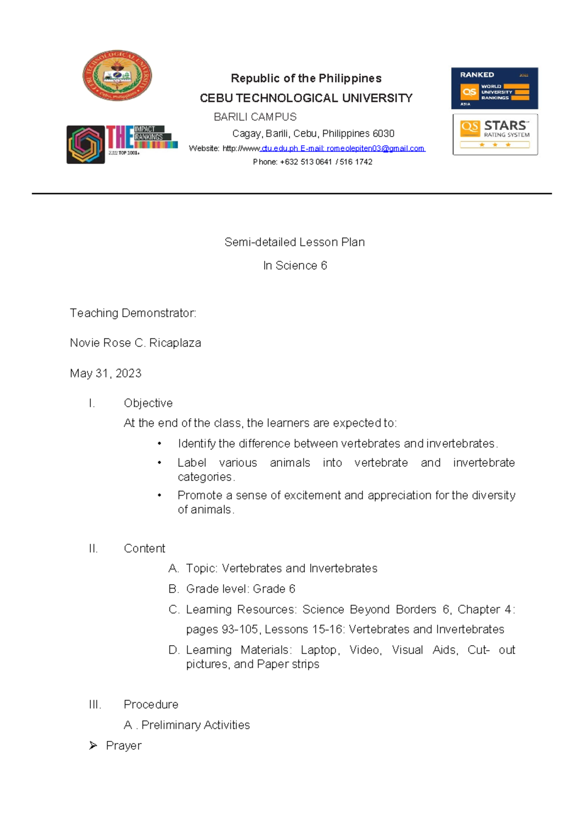 Cause and Effect -Lesson Plan - Republic of the Philippines CEBU ...