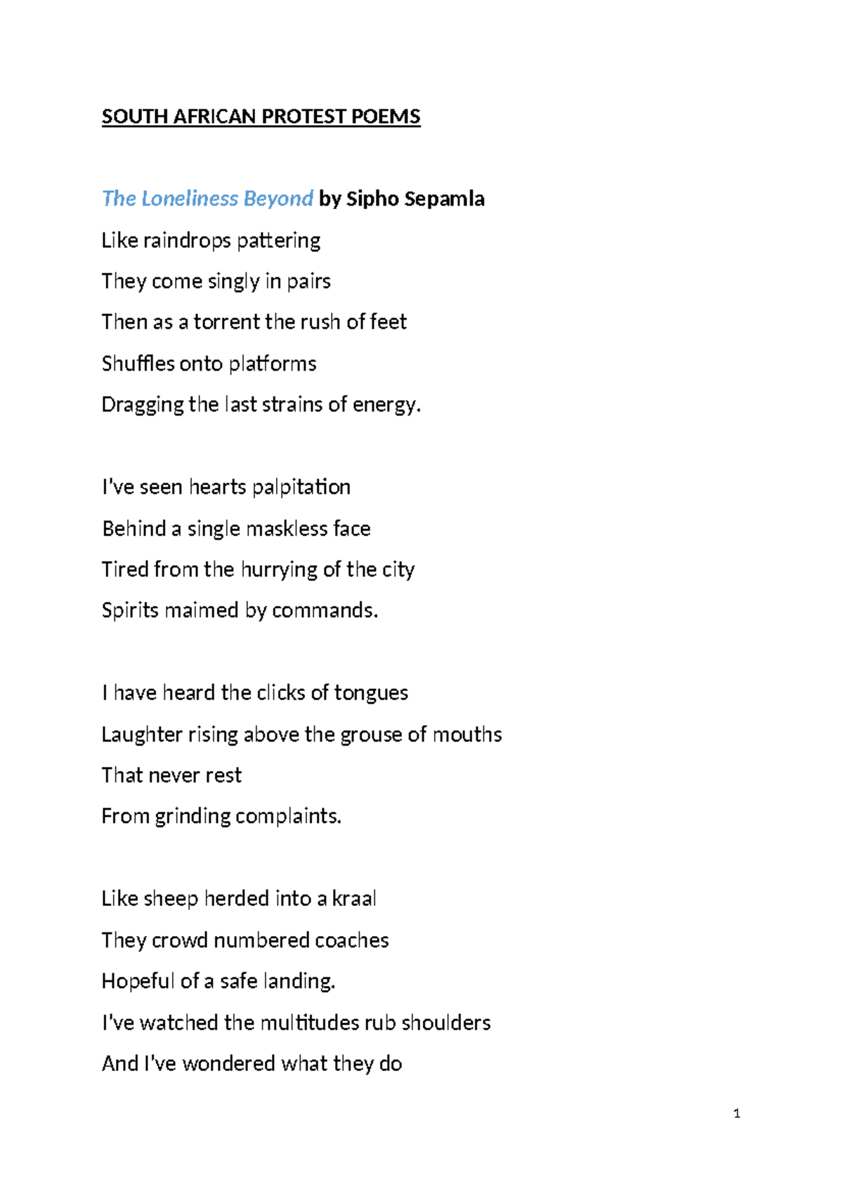 ECL 210E LIST OF Poems - SOUTH AFRICAN PROTEST POEMS The Loneliness ...