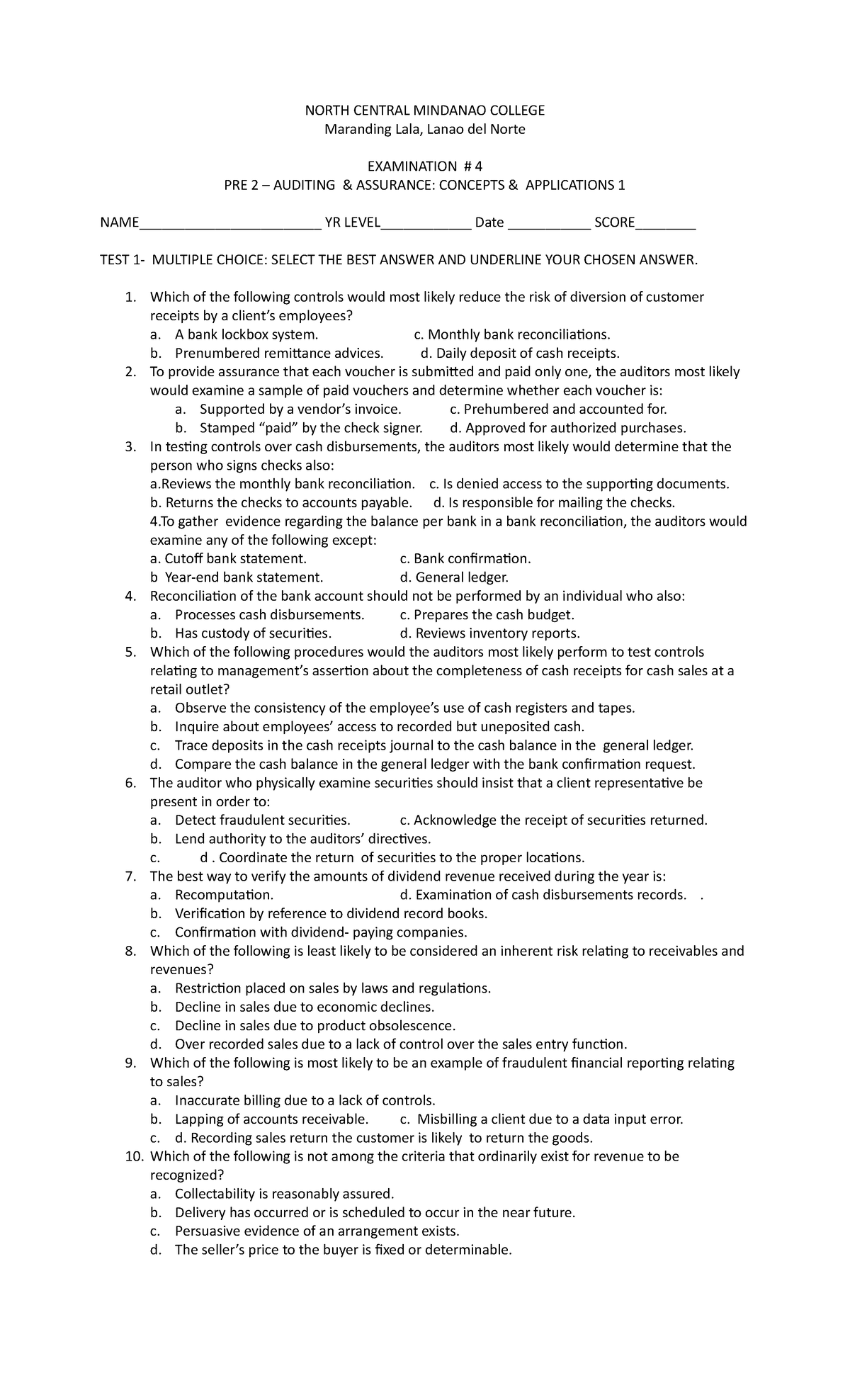 PRE2Examination-4 - notes - NORTH CENTRAL MINDANAO COLLEGE Maranding ...