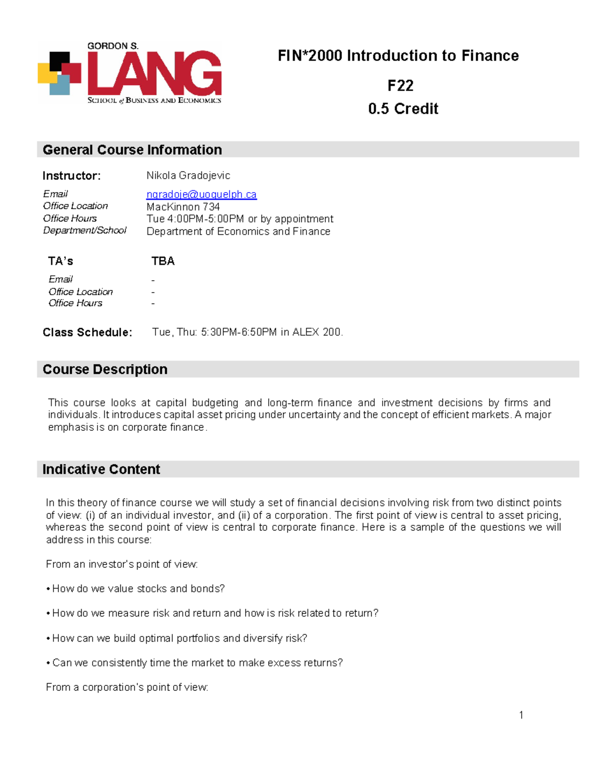FIN 2000 Outline - Syllabus - FIN*2000 Introduction to Finance F 0 ...