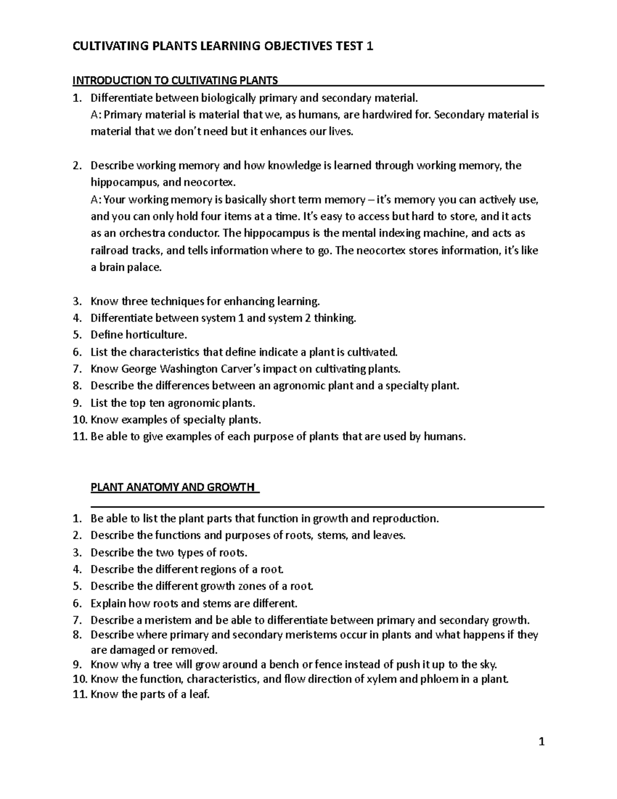CP TEST 1 Learning Objectives - CULTIVATING PLANTS LEARNING OBJECTIVES ...