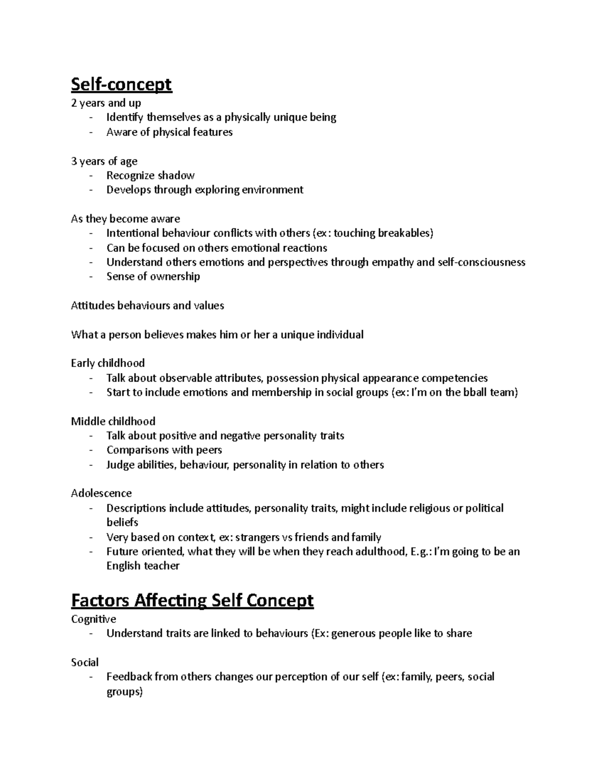 Self Esteem- FMST - notes - Self-concept 2 years and up - Identify ...