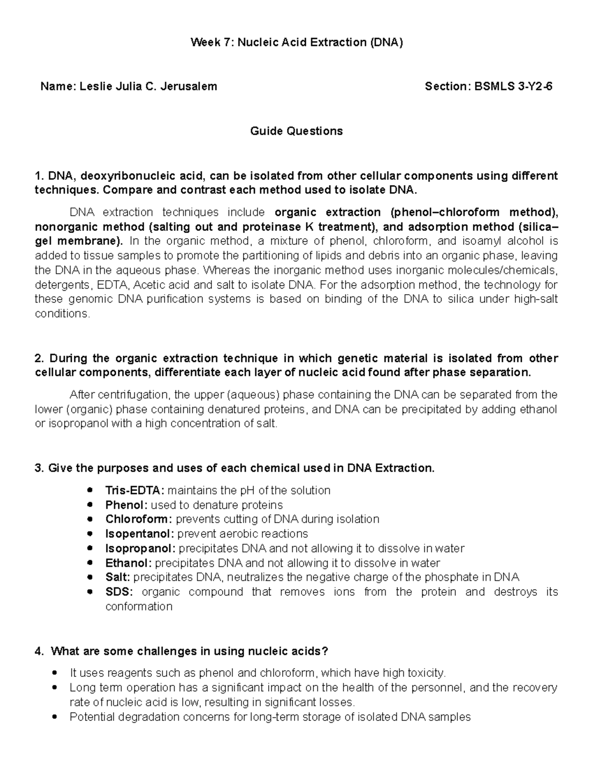Guide Questions Nucleic Acid Isolation and Extraction(DNA) - Week 7 ...