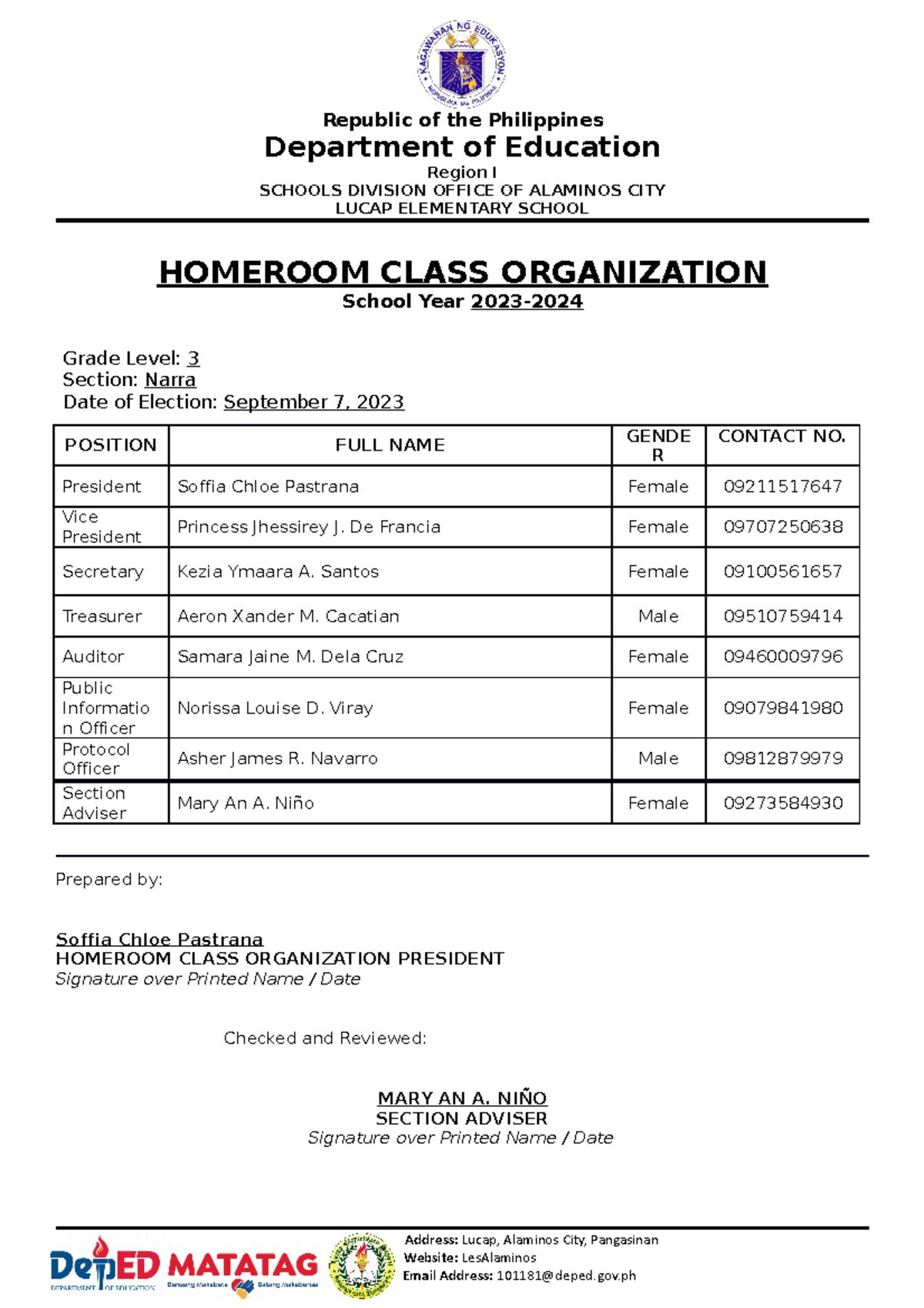 Homeroom Class Organization Template 1 - Republic of the Philippines ...
