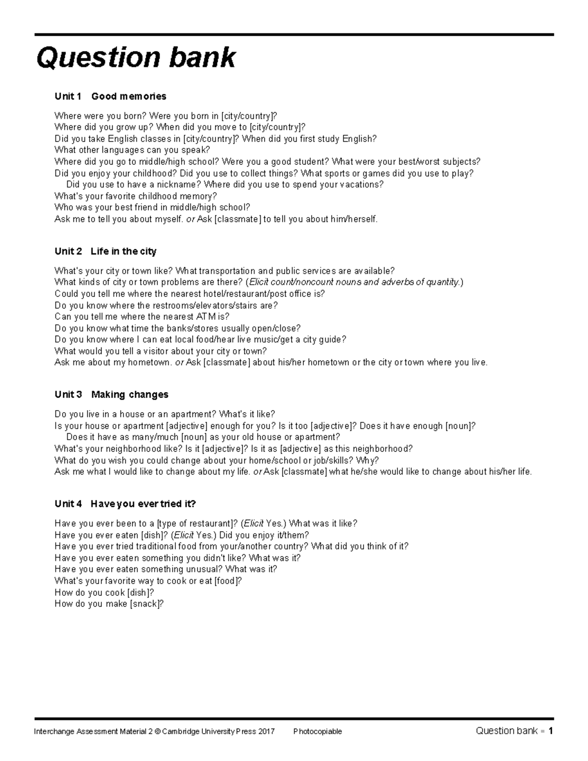Oral Test - test - Question bank Unit 1 Good memories Where were you ...