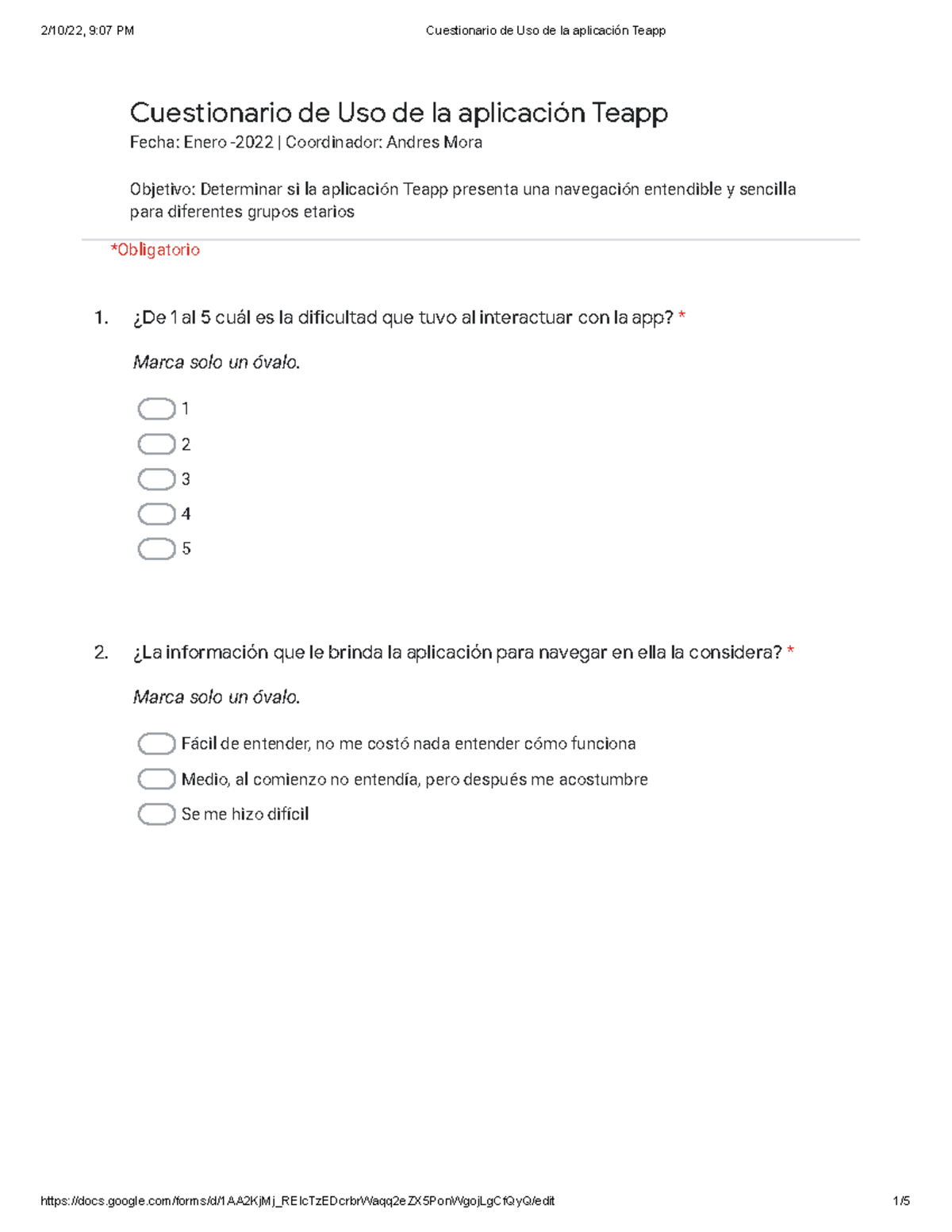 Teapp - Formularios de Google - 1. Marca solo un óvalo. 1 2 3 4 5 2 ...